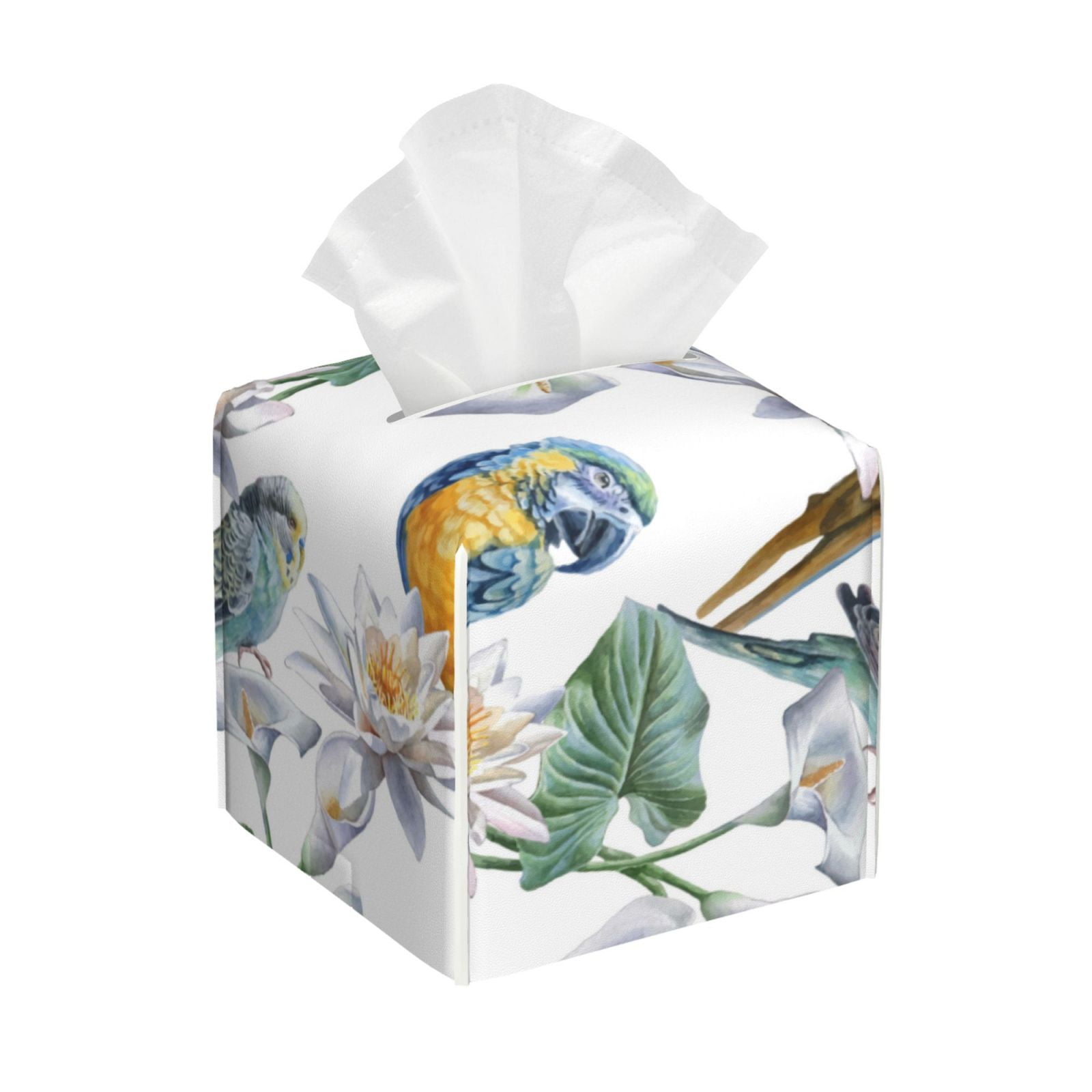 Tissue Box Cover Holder Square - Artistic Cute Parrot Flower Modern PU ...