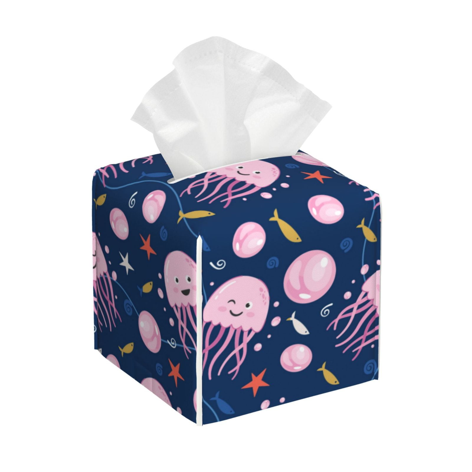 Tissue Box Cover Holder Square - Cute Pink Jellyfish Modern PU Leather ...