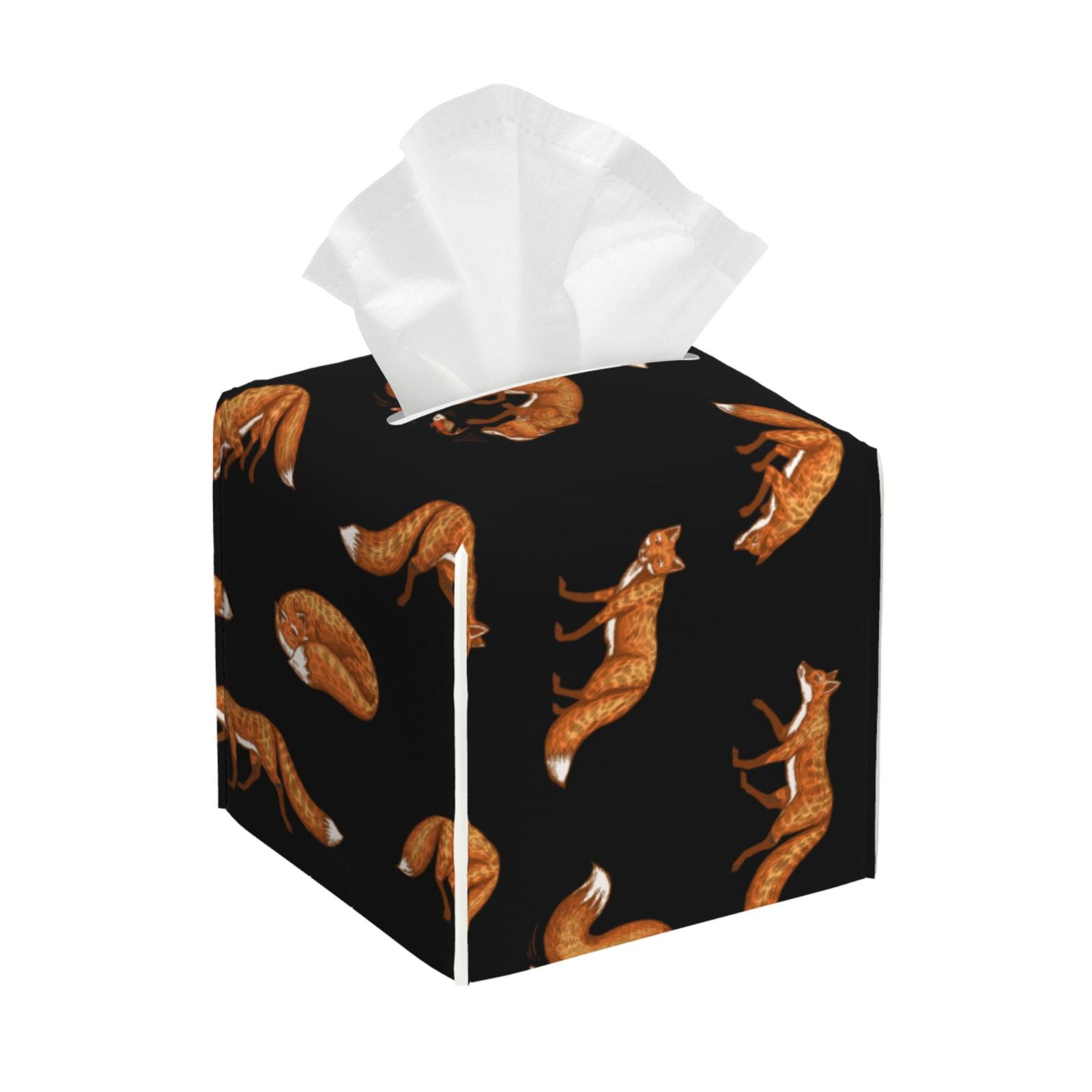 Tissue Box Cover Holder Square - Fox Pattern Black Modern PU Leather ...