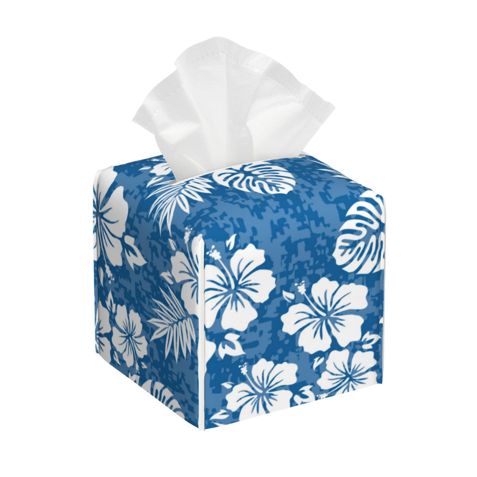 Tissue Box Cover Holder Square - Hawaiian Style White Blue Modern PU ...