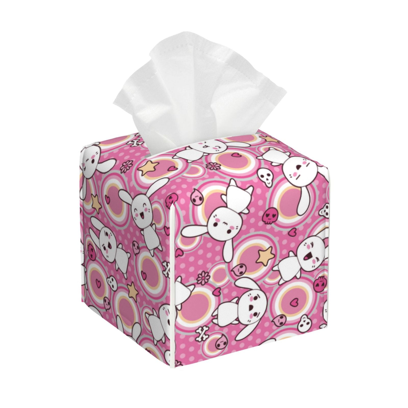 Tissue Box Cover Holder Square - Pink cute rabbit Modern PU Leather ...