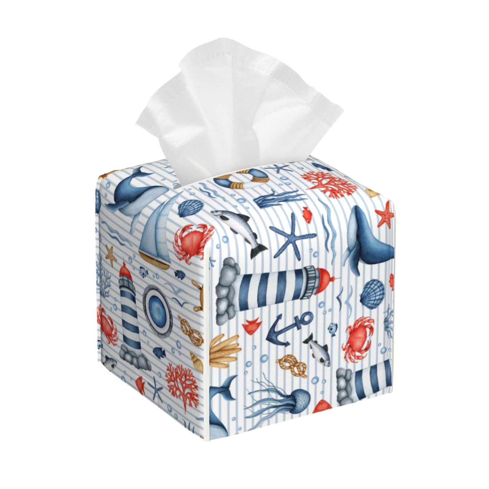 Tissue Box Cover Holder Square - Watercolor Nautical Modern PU Leather ...