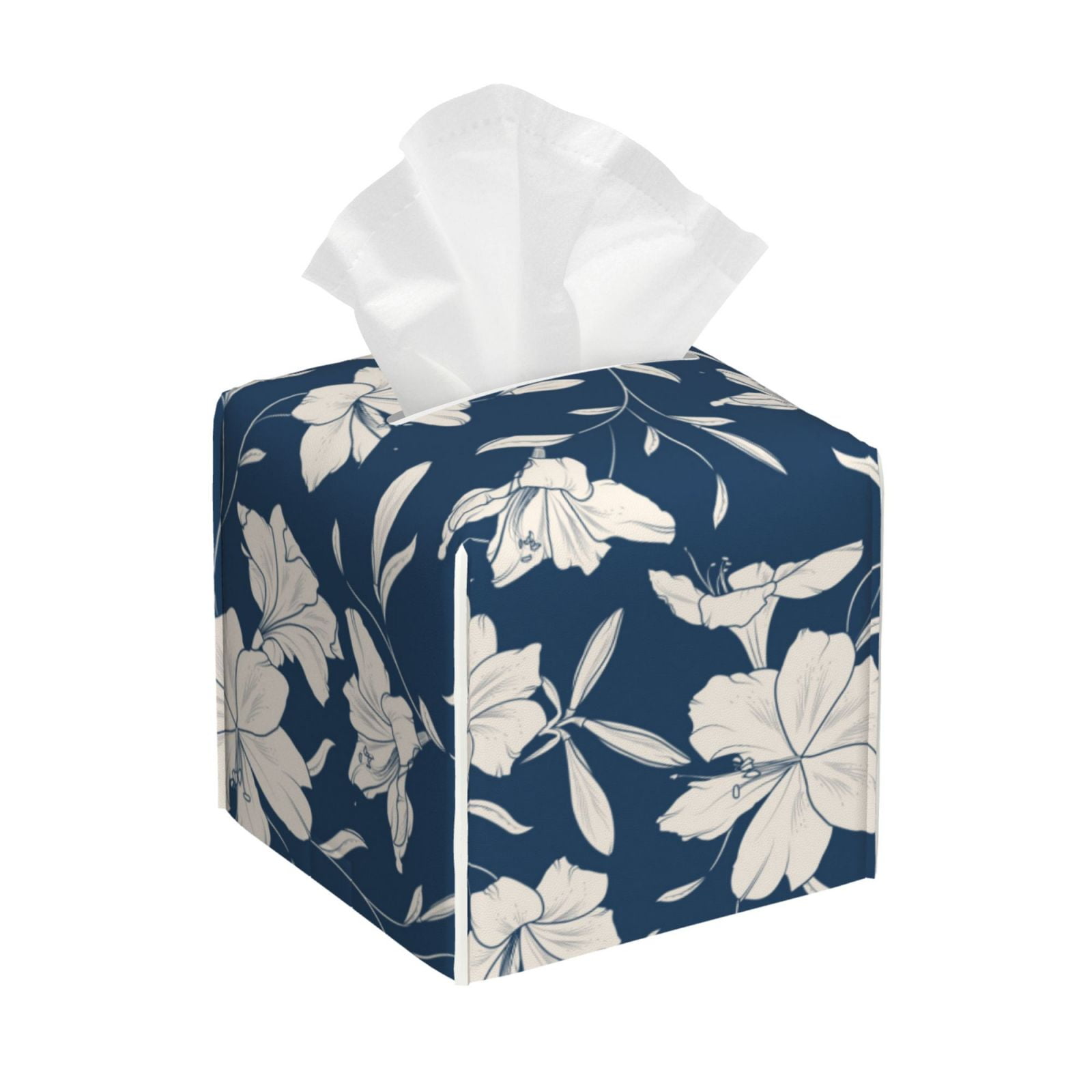 Tissue Box Cover, Lilies Flowers Navy Blue Leather Tissue Box Holder ...