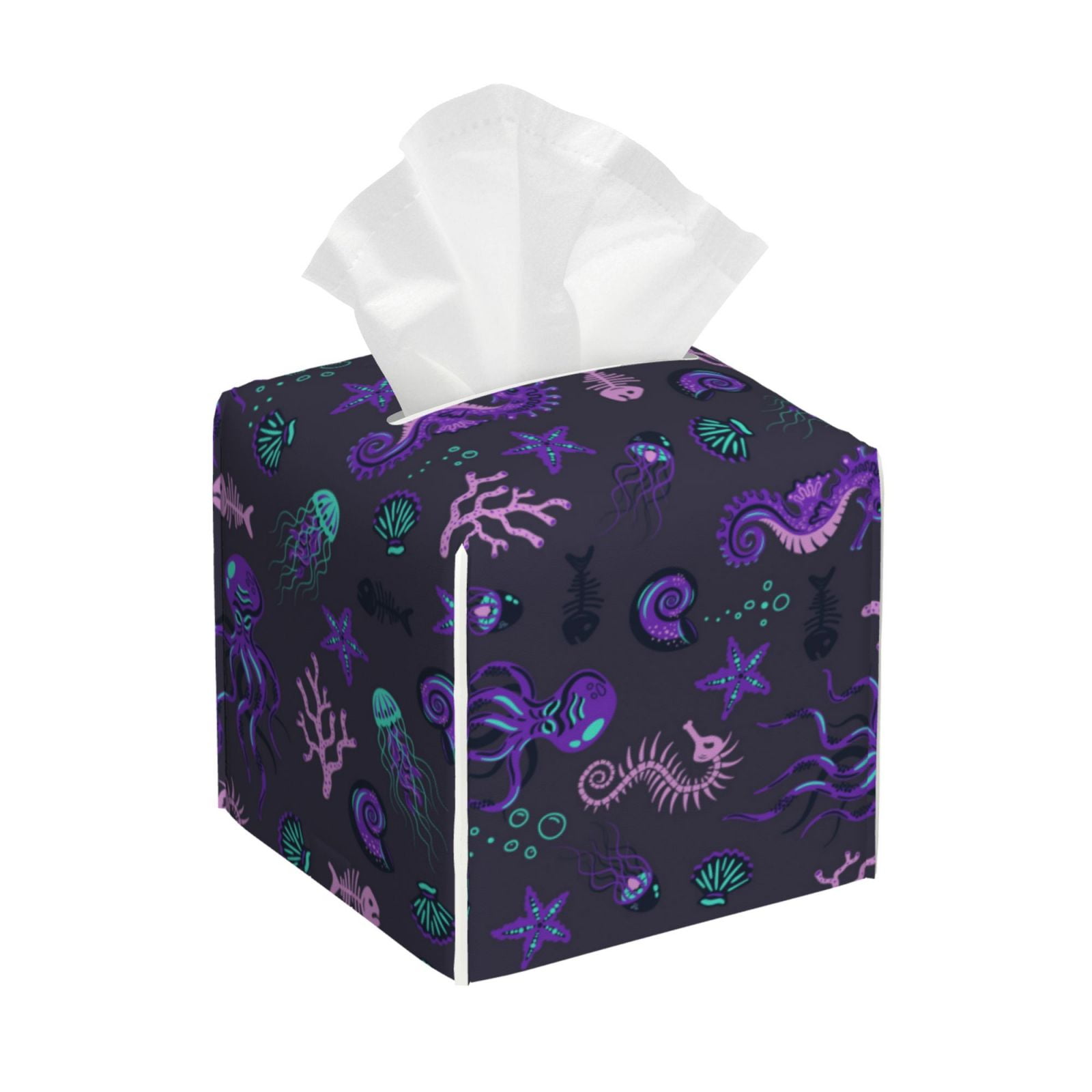 Tissue Box Cover, Octopus Seahorse Jellyfish Purple Leather Tissue Box ...