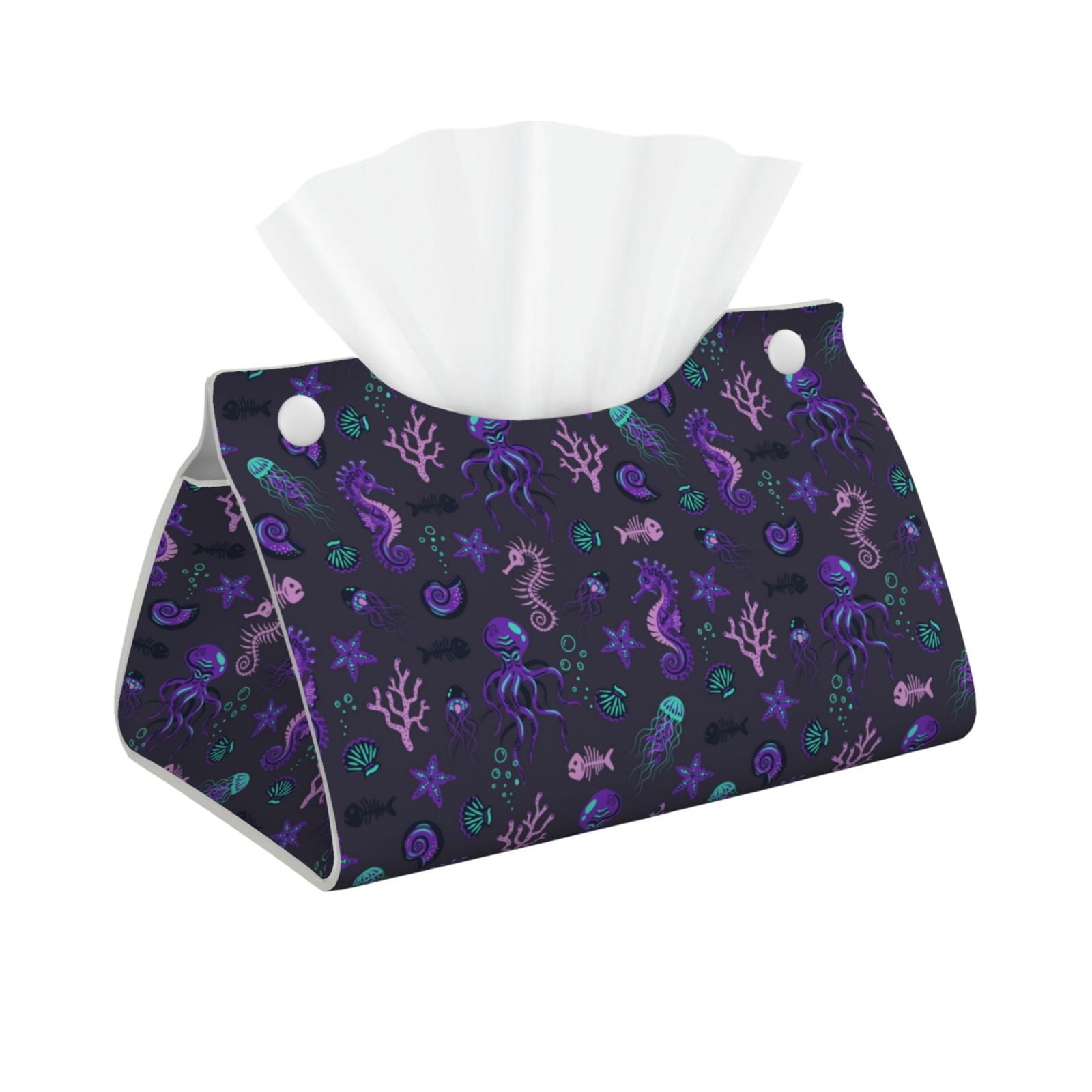 Tissue Box Cover, Octopus Seahorse Jellyfish Purple Leather Rectangular ...
