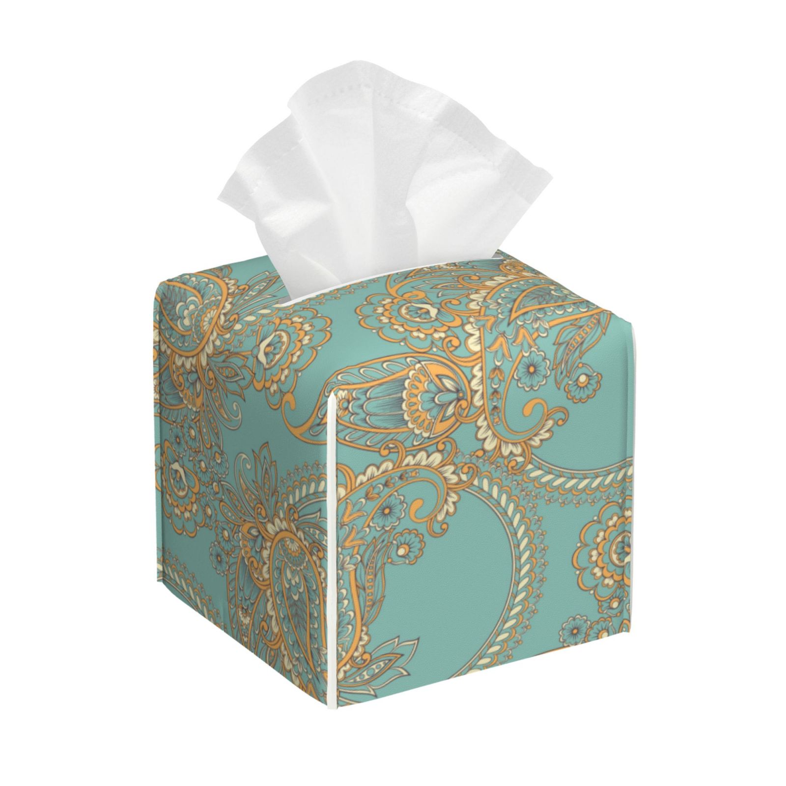 Tissue Box Cover, Orange Green White Paisley Leather Tissue Box Holder ...