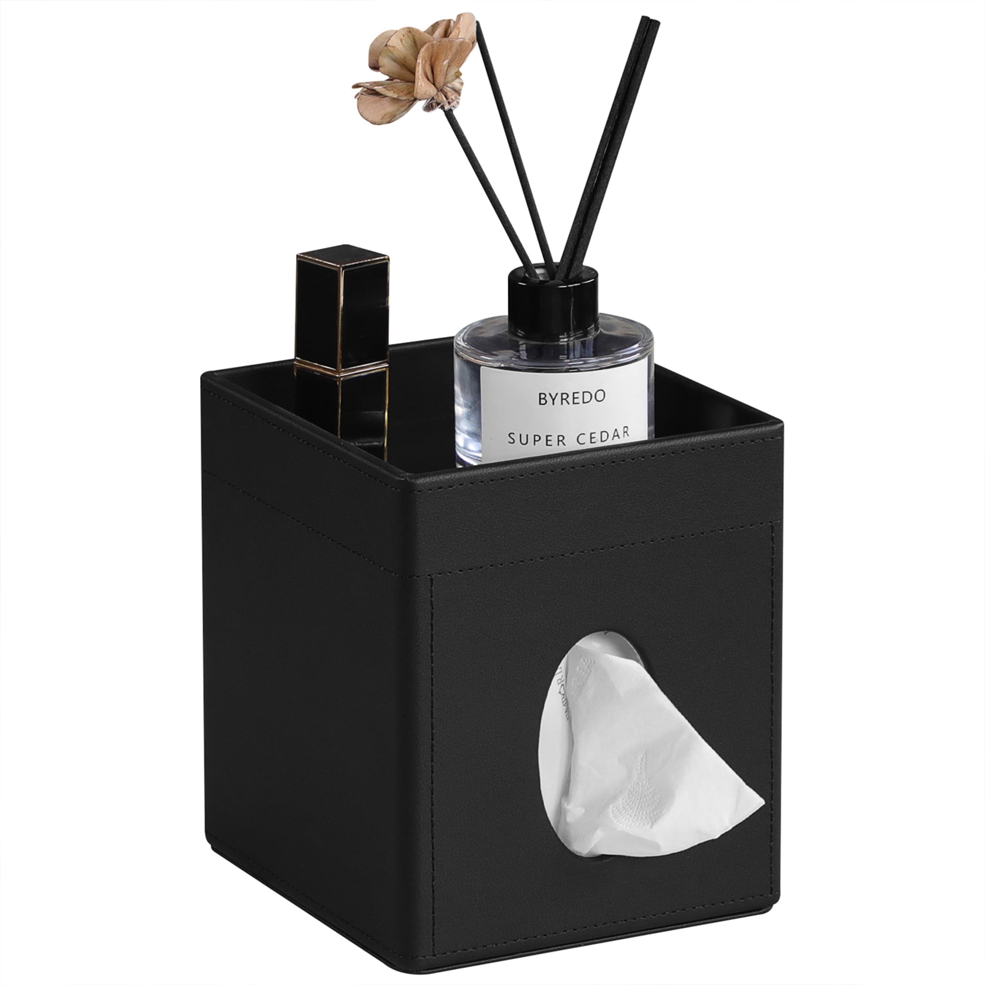 Tissue Box Cover, PU Leather Square Tissue Box Holder with Storage Tray ...