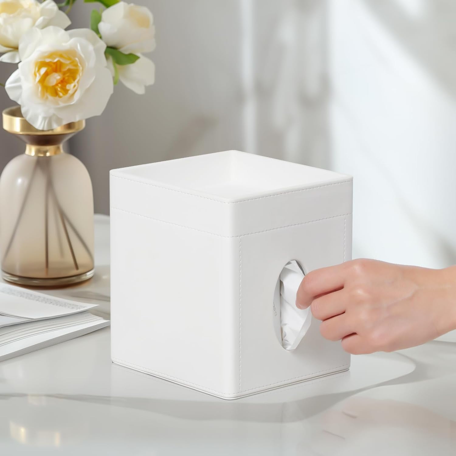 Tissue Box Cover, PU Leather Square Tissue Box Holder with Storage Tray ...