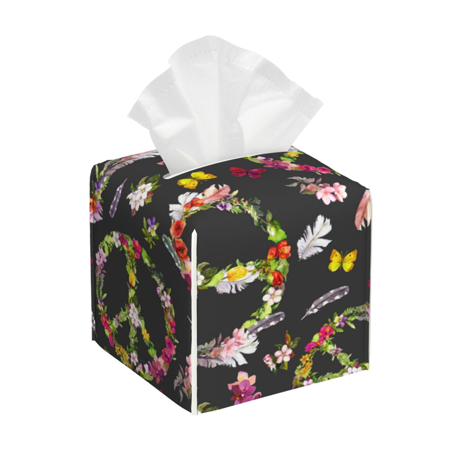 Tissue Box Cover, Peace sign flowers butterfly feathers Leather Tissue ...