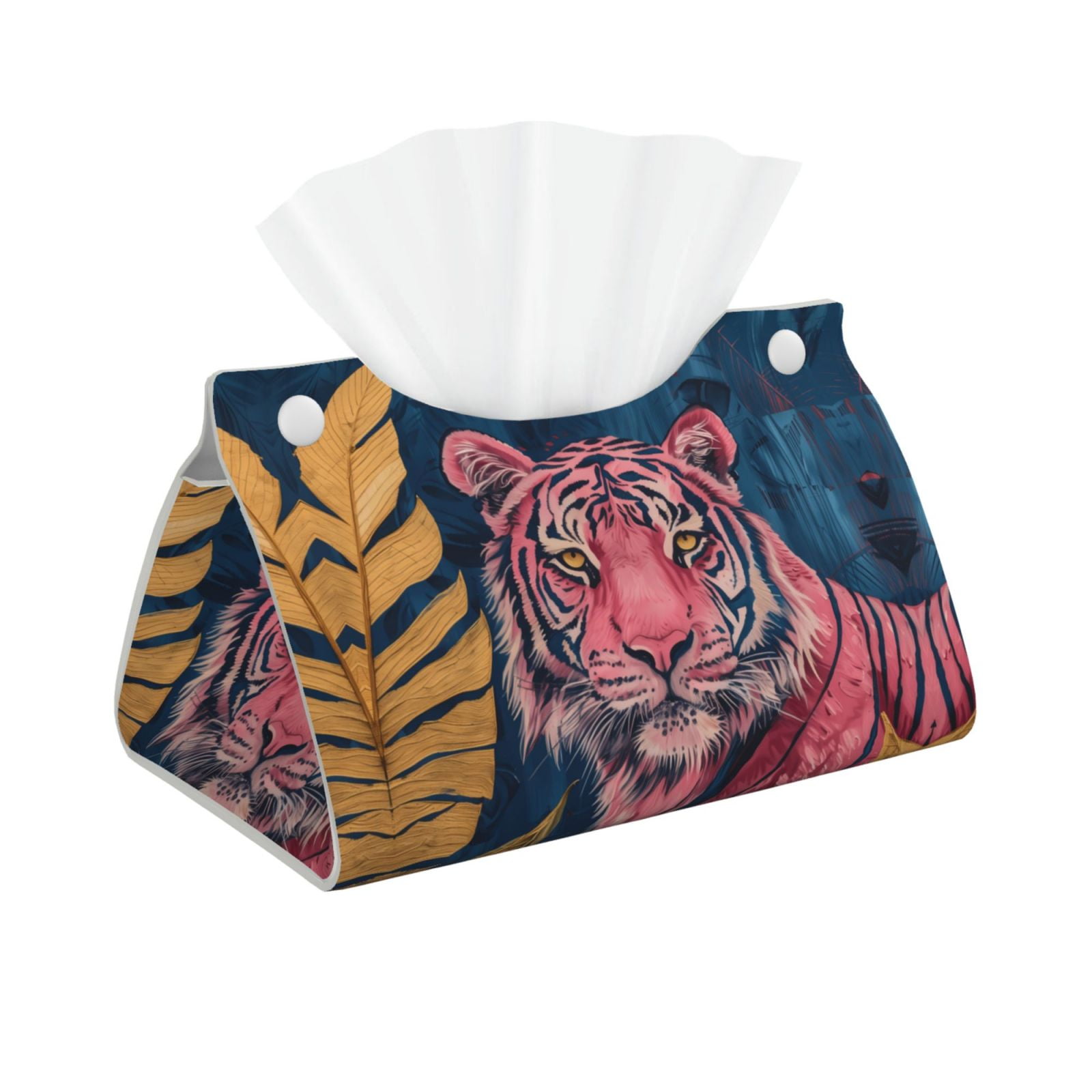 Tissue Box Cover, Pink Tiger Gold Leaves Rectangular Leather Tissue ...