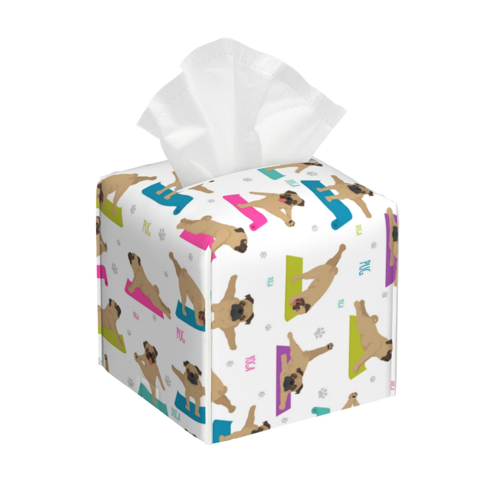 Tissue Box Cover, Pug Yoga dogs poses funny Leather Tissue Box Holder ...