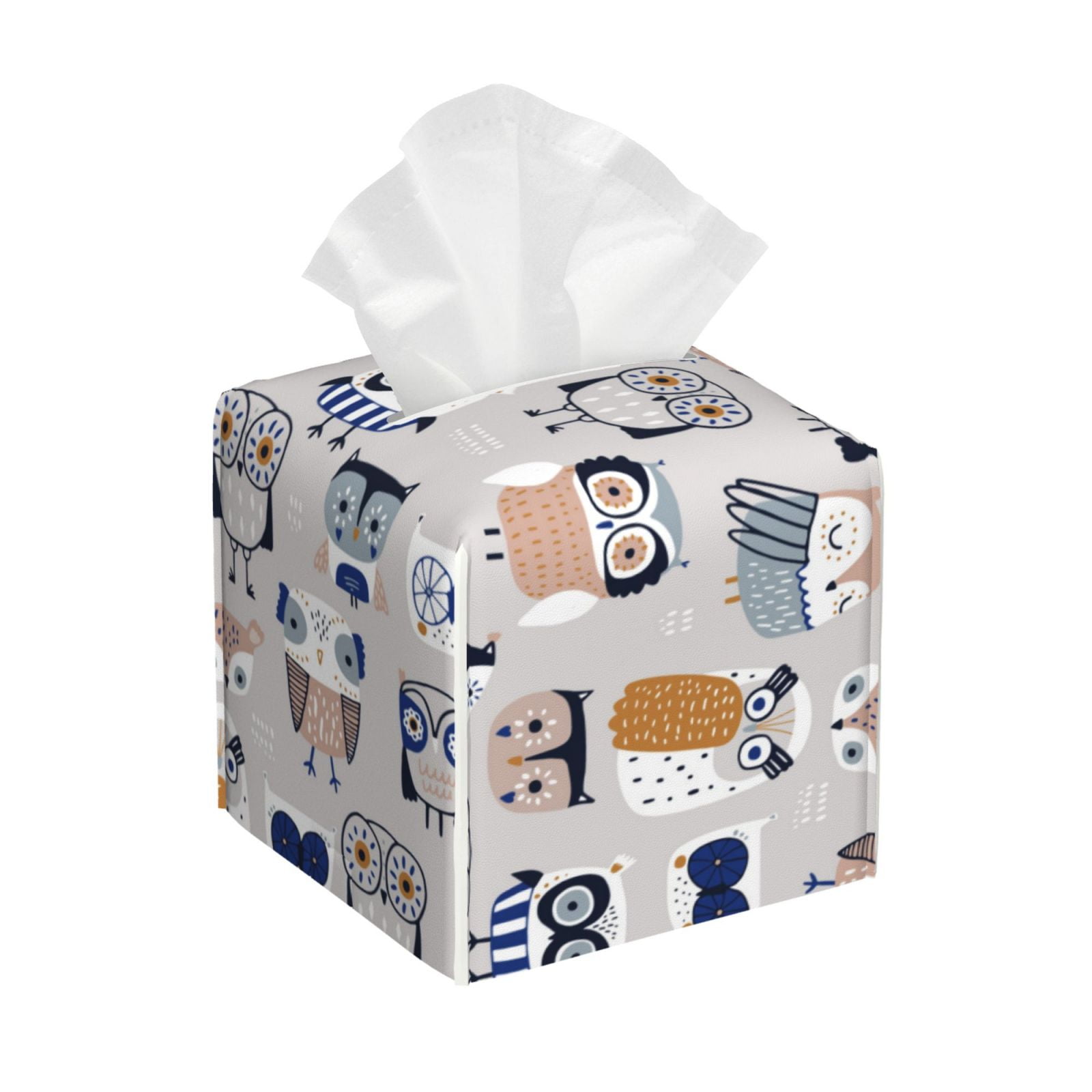 Tissue Box Cover, Quirky Doodle Owl Grey Leather Tissue Box Holder ...