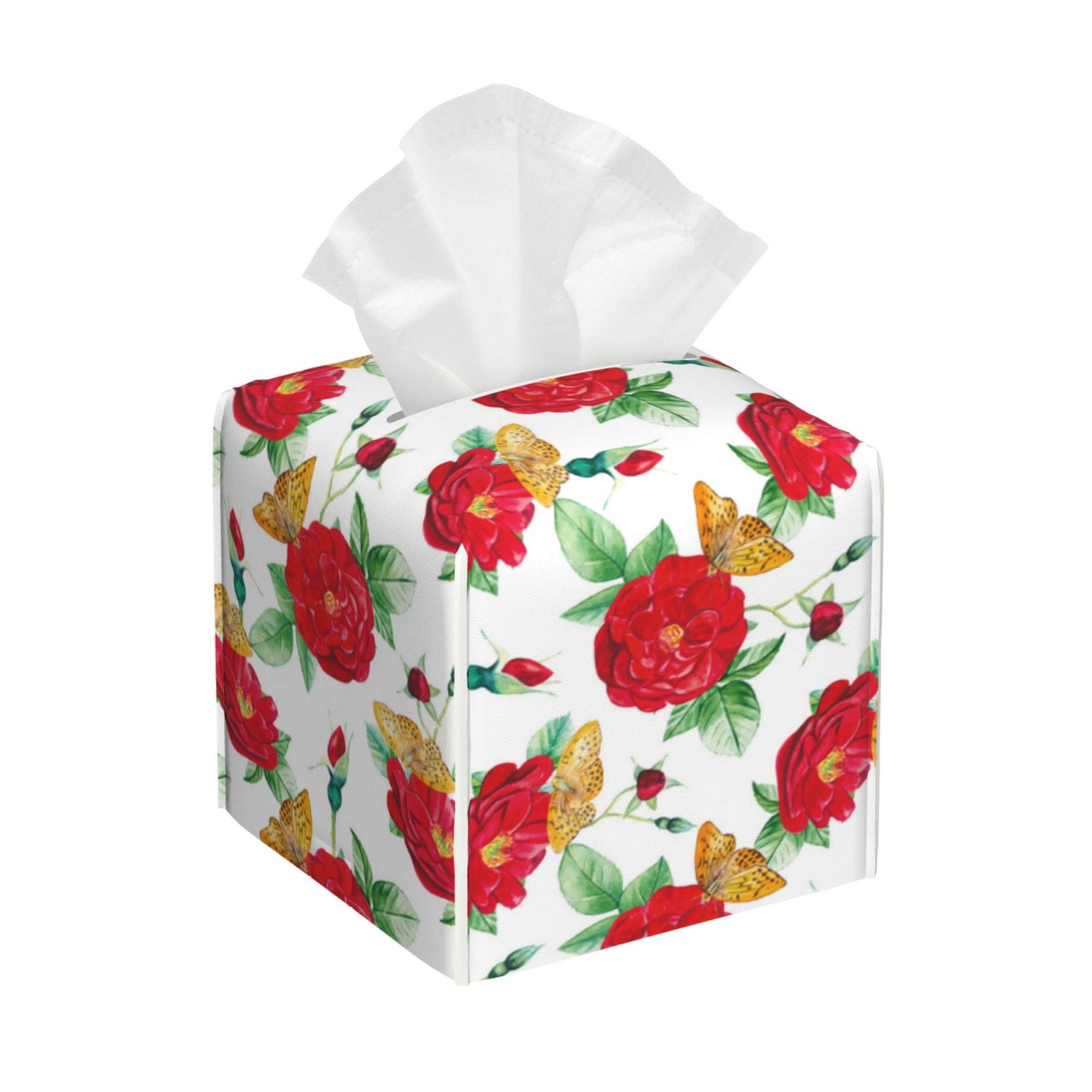 Tissue Box Cover, Rose Flowers Butterfly -Modern Square Leather Tissue ...