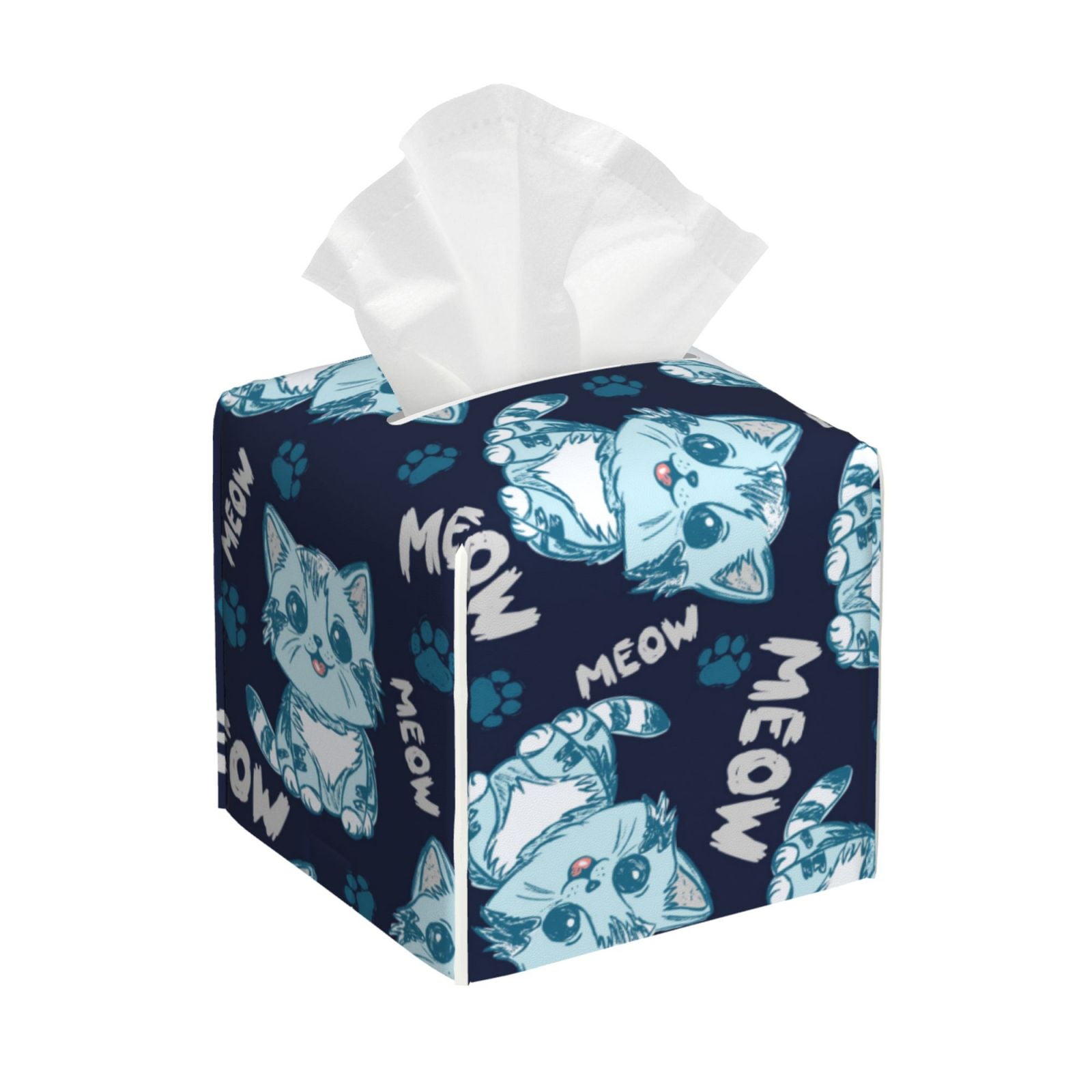 Tissue Box Cover, Sketch Cartoon Cat Paw Blue Leather Tissue Box Holder ...