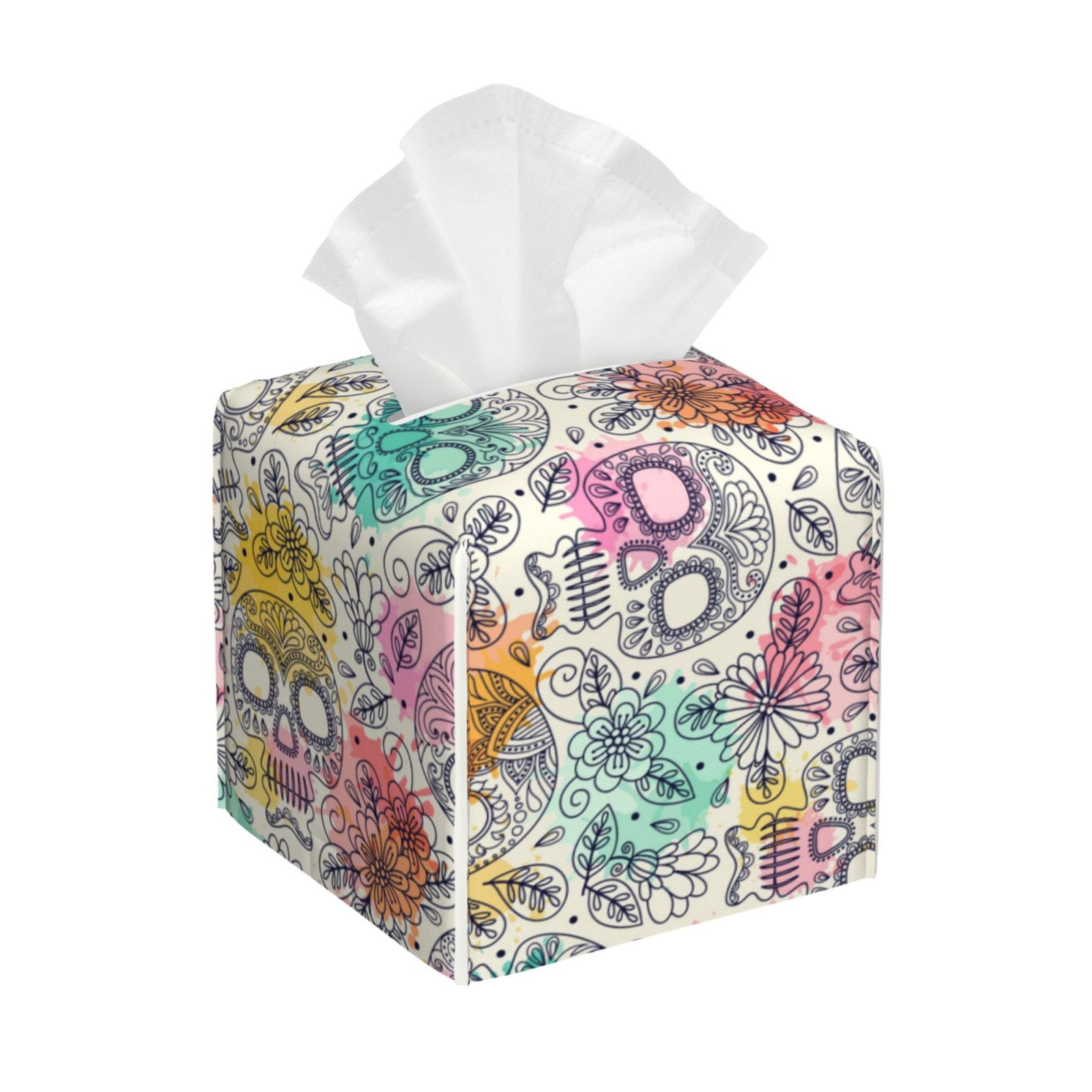 Tissue Box Cover, Skull and Flowers -Modern Square Leather Tissue Box ...