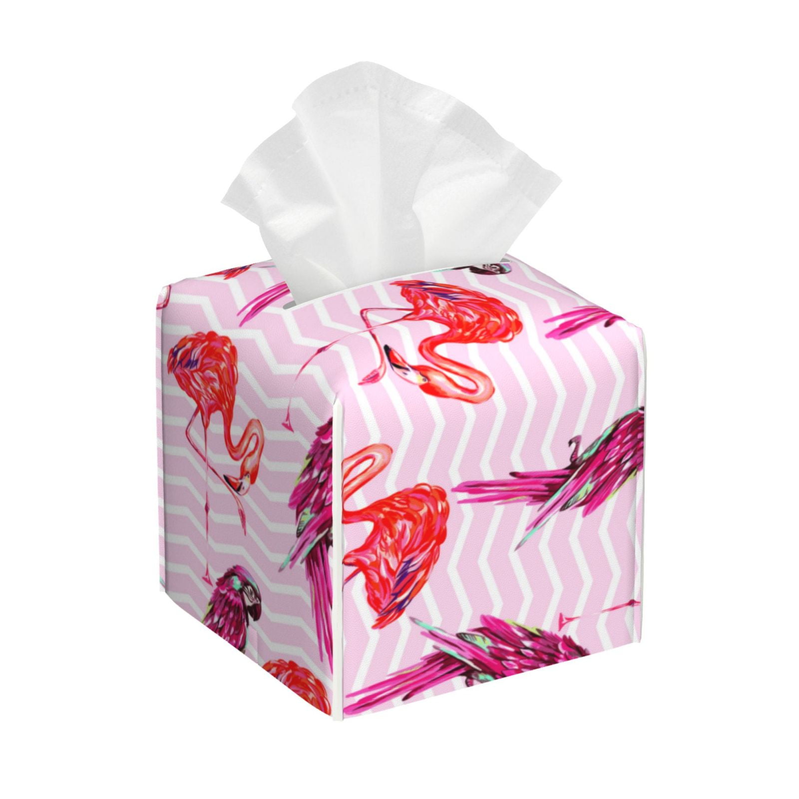 Tissue Box Cover, Striped Parakeet Flamingo Pink Leather Tissue Box ...