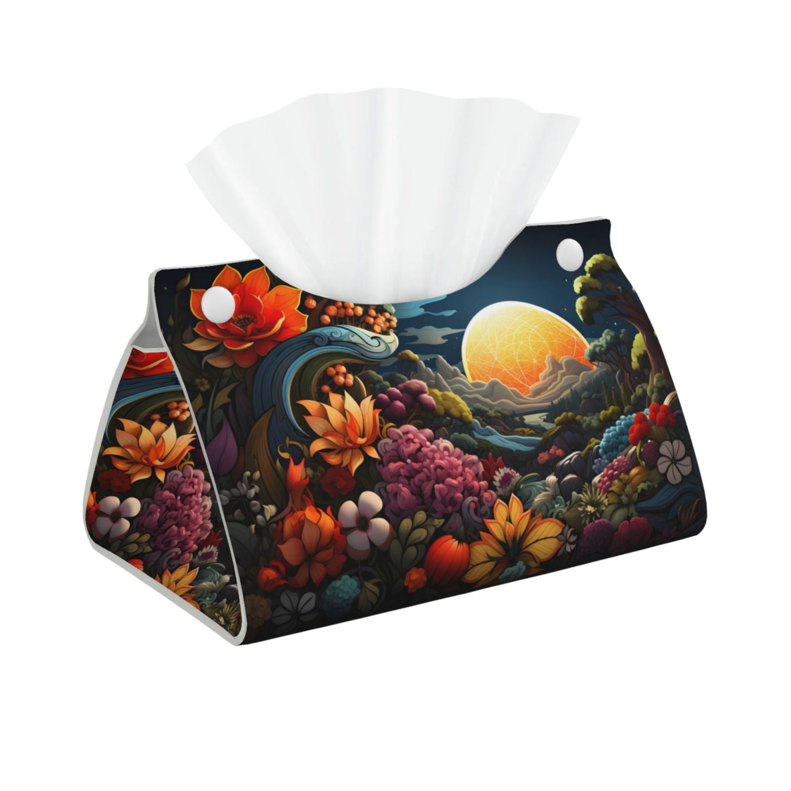 Tissue Box Cover, Sunset Floral Fantasy Landscape Long Leather Tissue Box Holder With 2 Snap ...