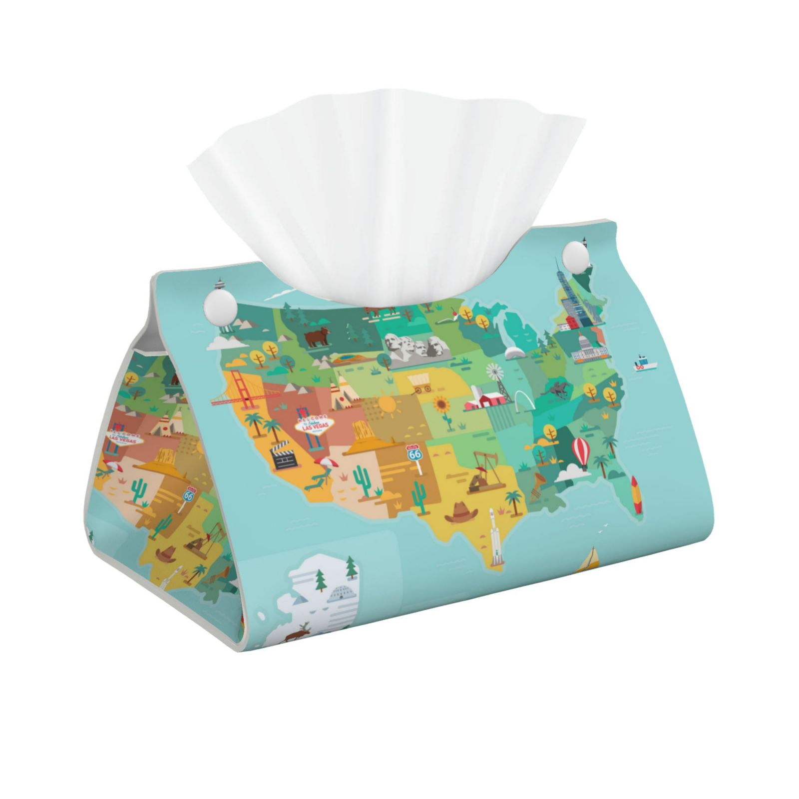Tissue Box Cover, USA Tourist Map Famous Landmarks Rectangular Leather ...