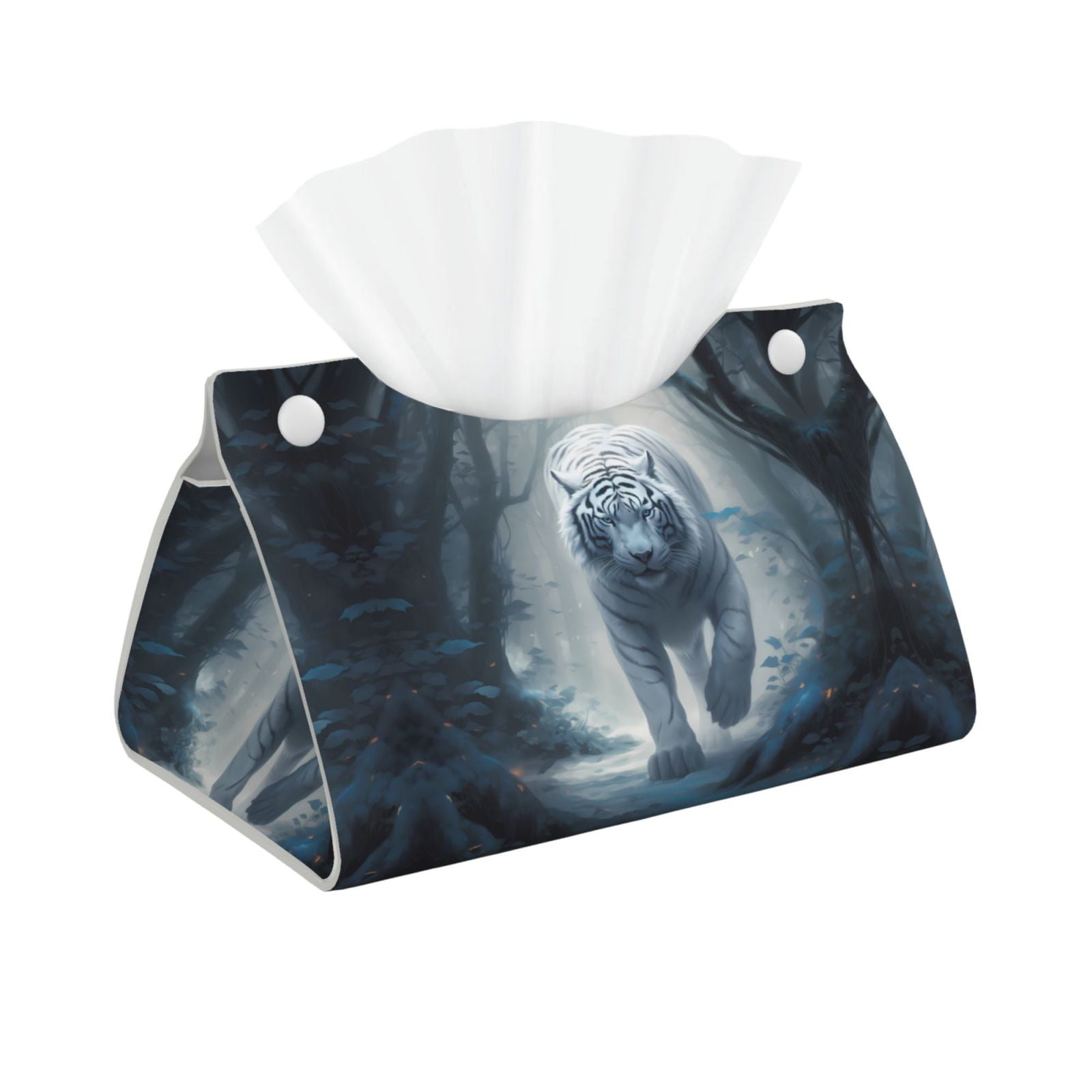 Tissue Box Cover, White Tiger in Snowy Forest Rectangular Leather ...
