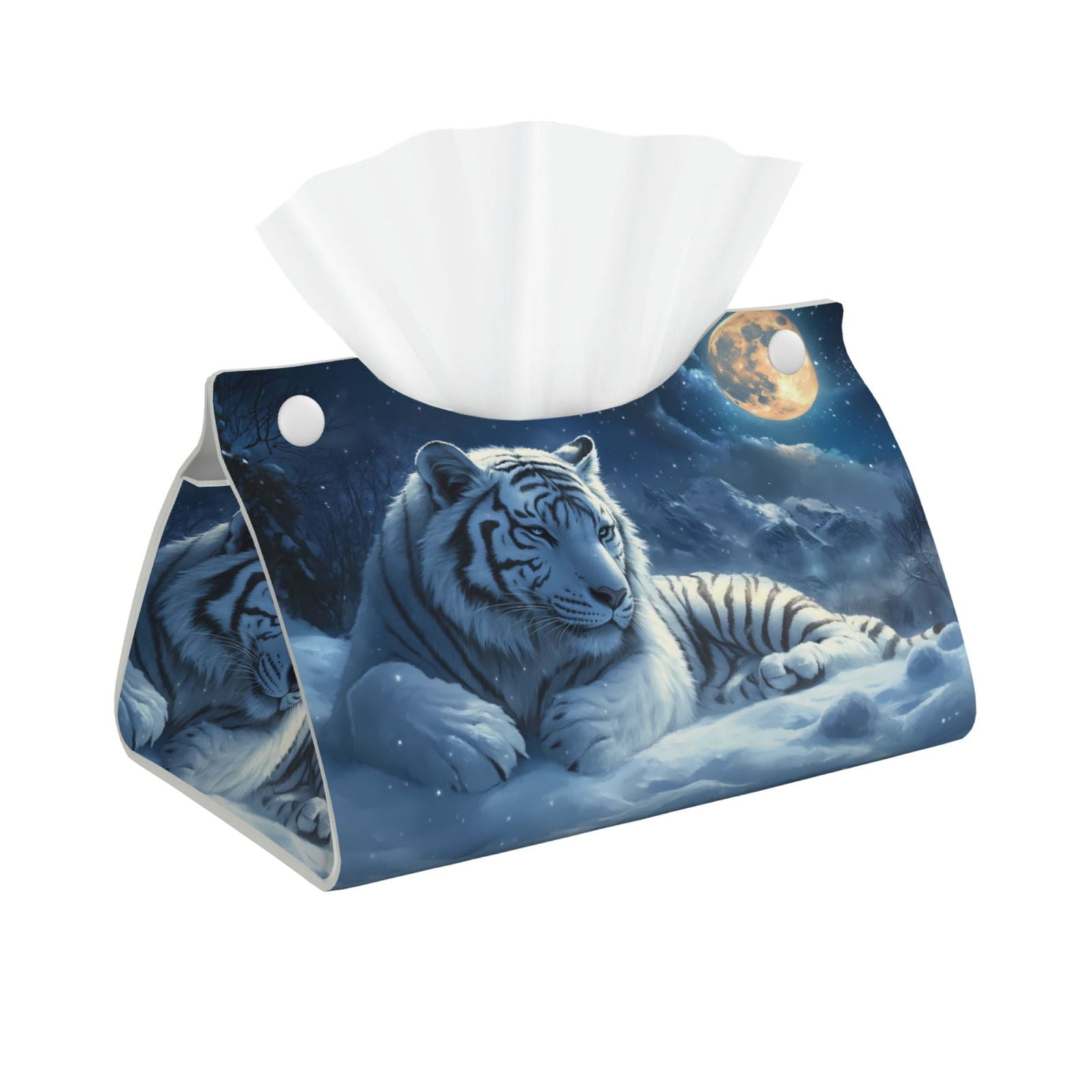 Tissue Box Cover, White Tiger Under Full Moon A Rectangular Leather ...