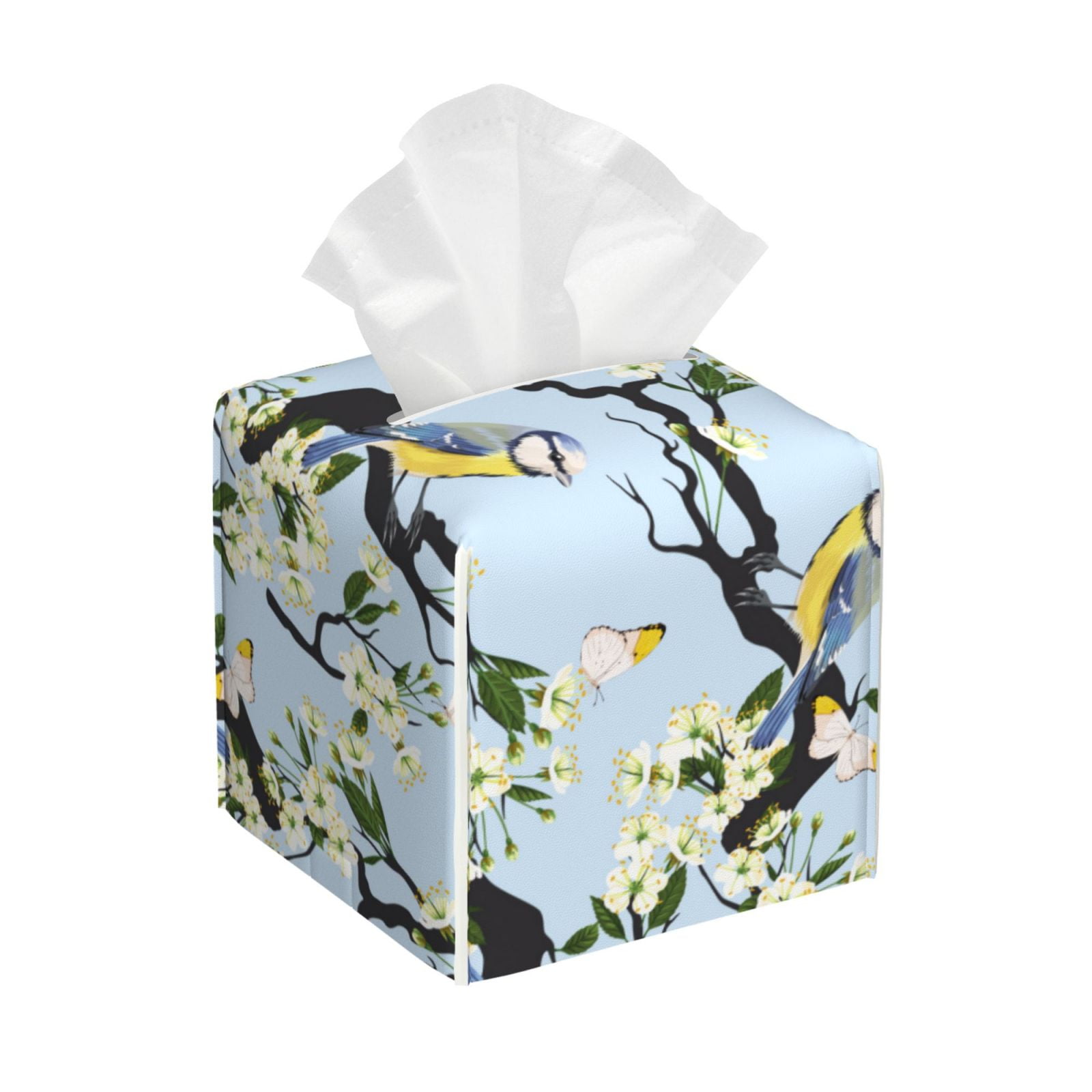 Tissue Box Cover, butterfly bird berry blossom blue Leather Tissue Box ...