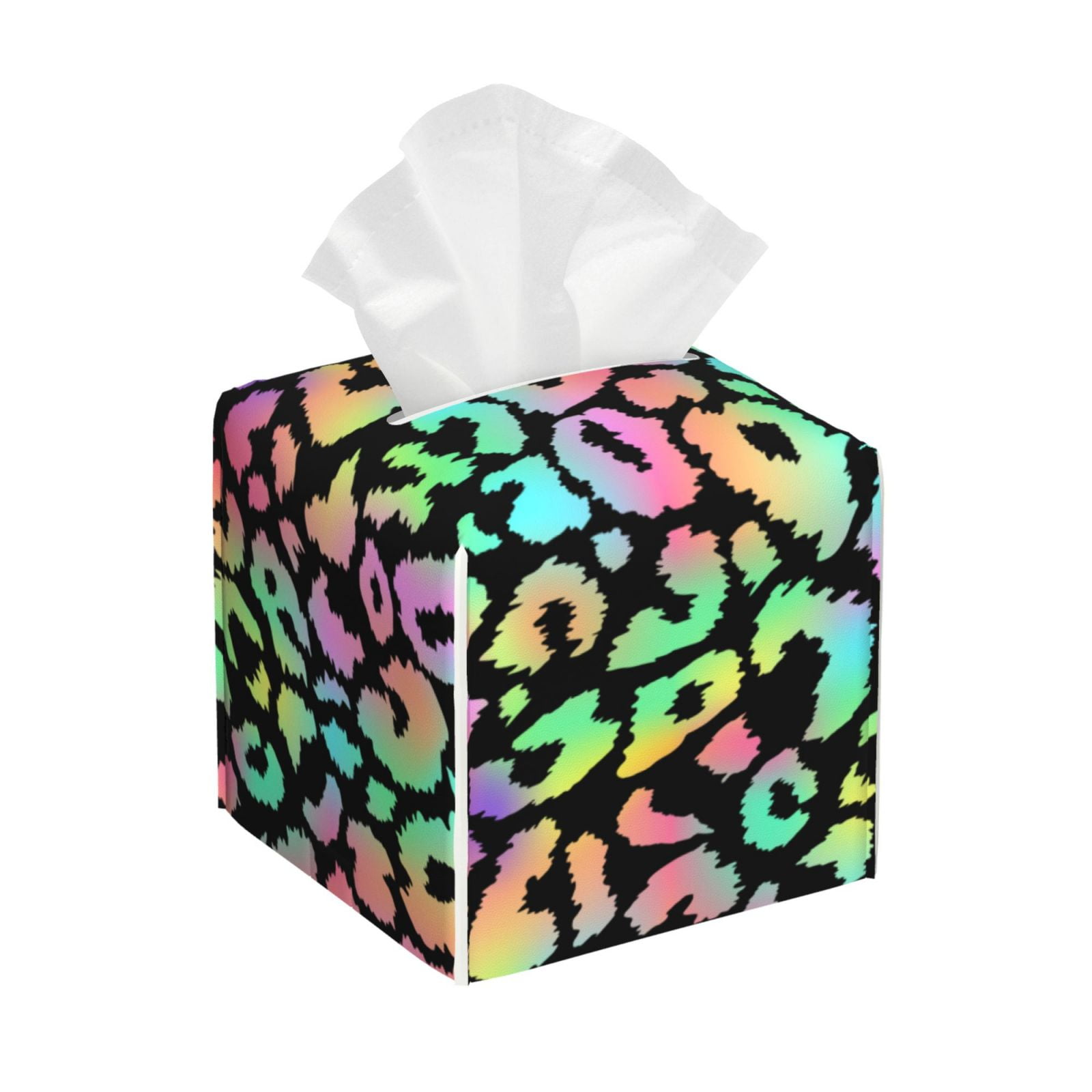 Tissue Box Cover, cool Trendy rainbow Leopard black Leather Tissue Box ...