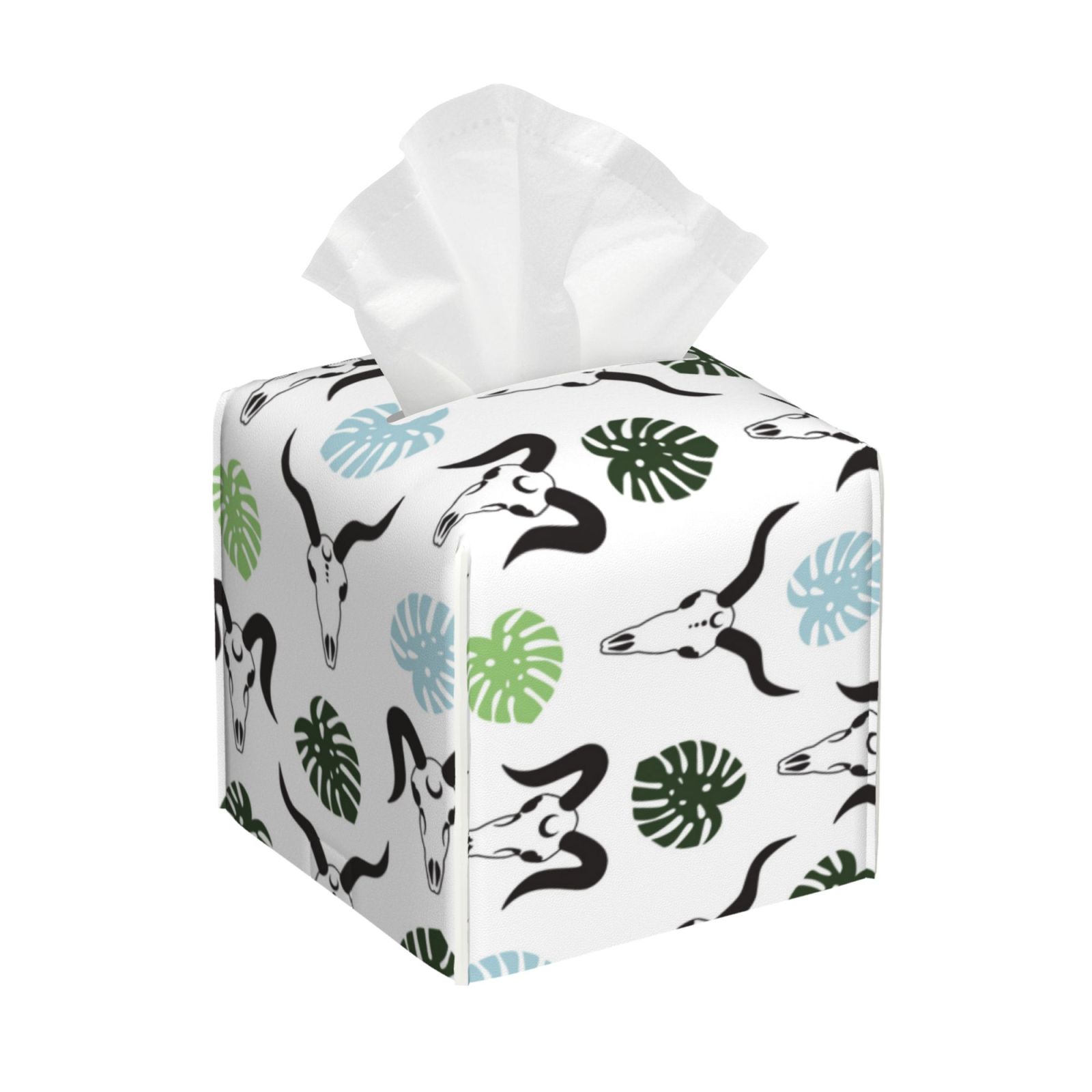 Tissue Box Cover, goat skulls leaves cool white Leather Tissue Box ...