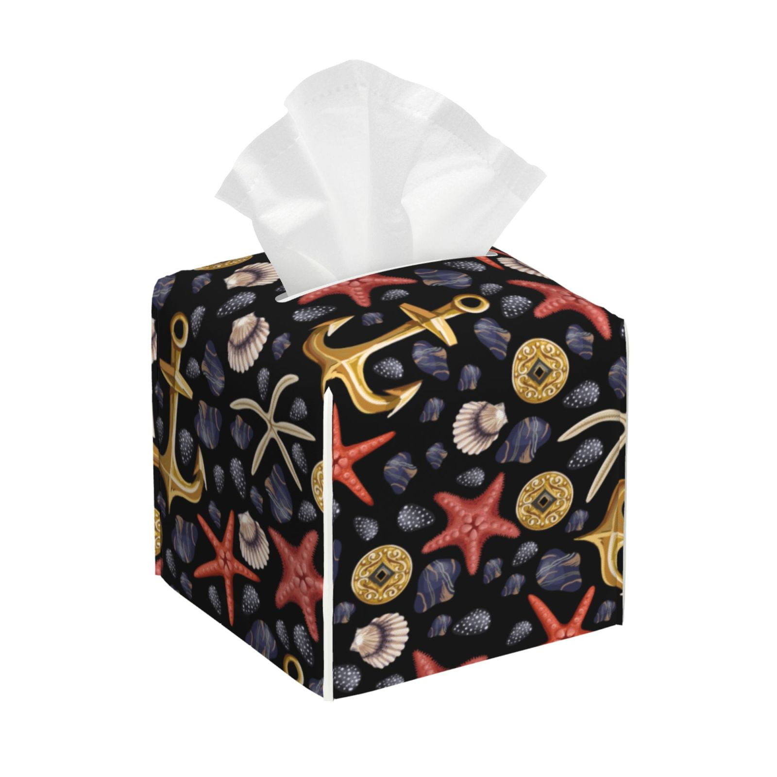 Tissue Box Cover, golden anchors starfishes shells rope Leather Tissue ...