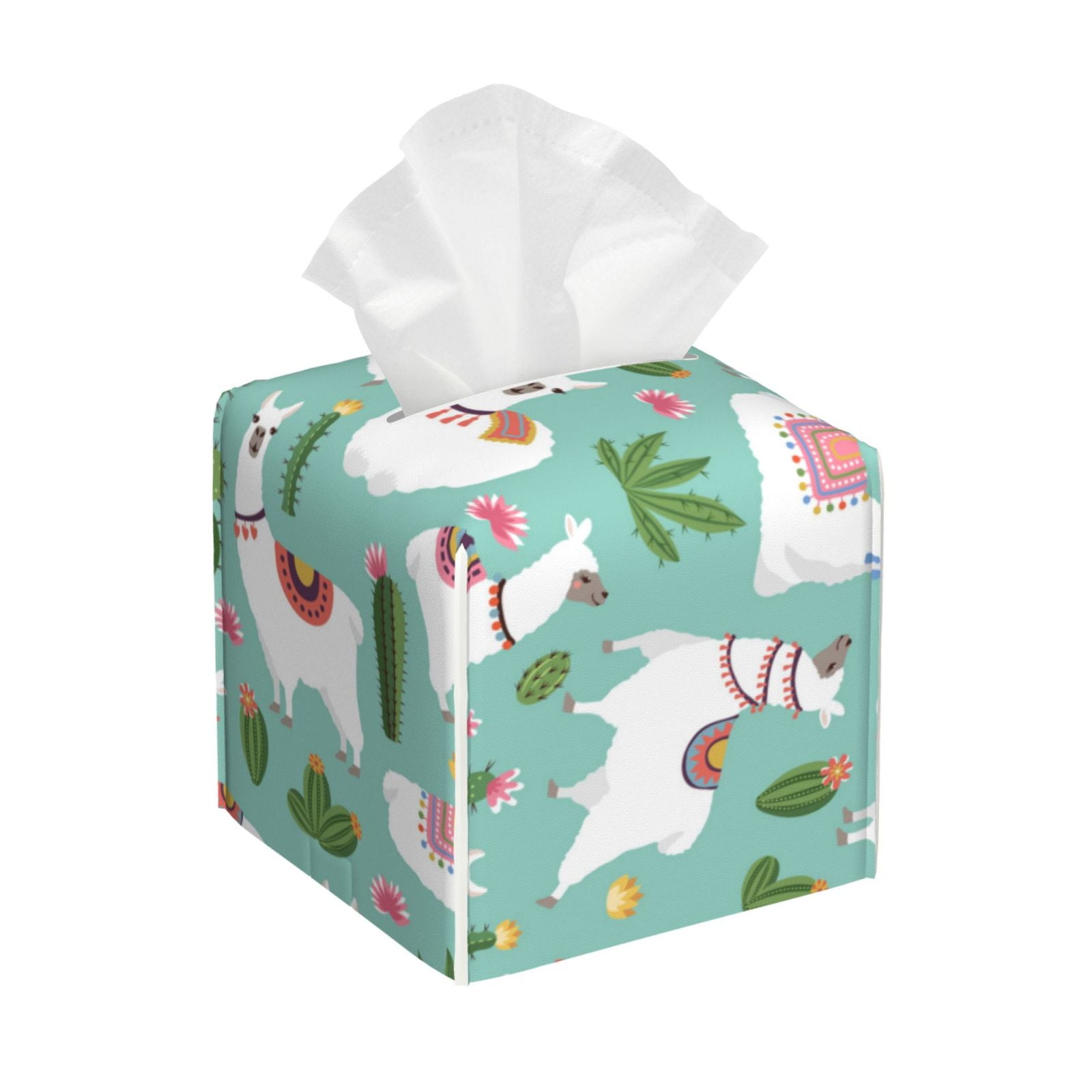 Tissue Box Cover, green lama alpacas cactus cute Leather Tissue Box ...