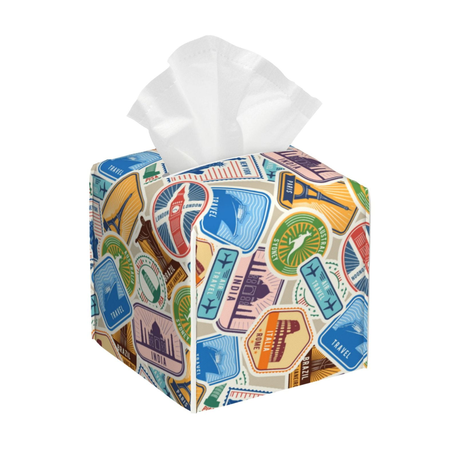 Tissue Box Cover, travel stamp Print Leather Tissue Box Holder - Tissue ...