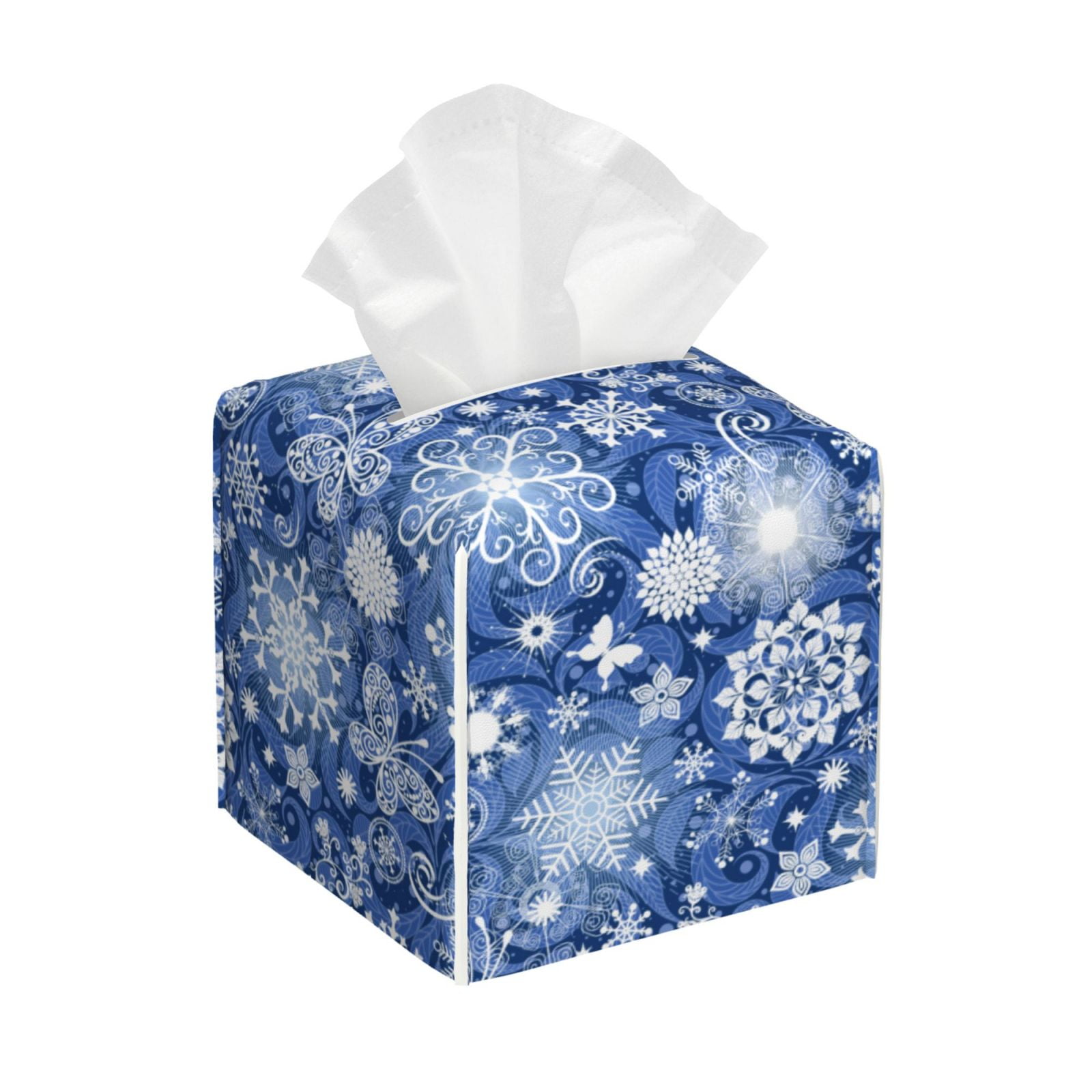 Tissue Box Cover, whiet Snowflake blue background Leather Tissue Box ...