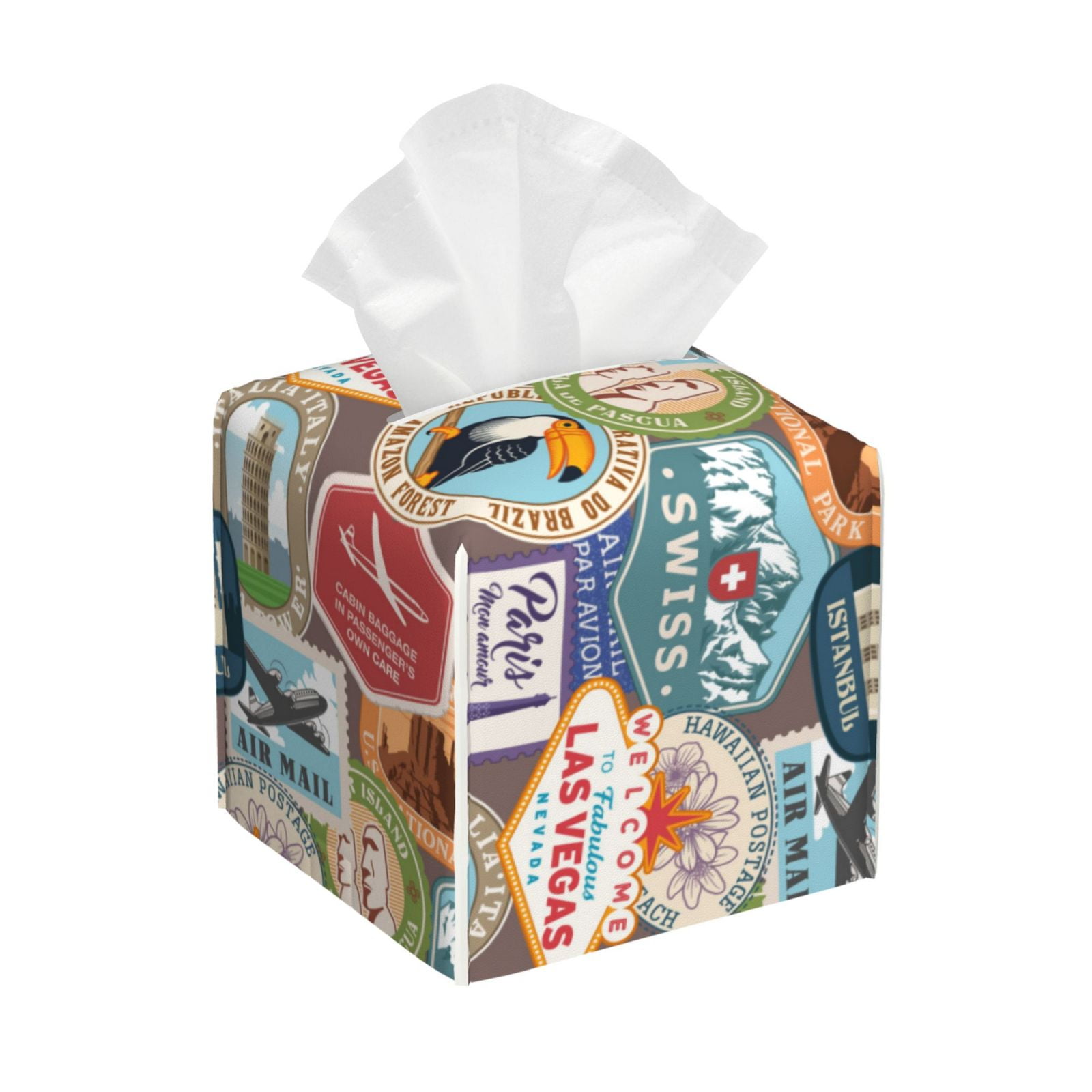 Tissue Box Cover, worlds Stamp Pattern Leather Tissue Box Holder Square ...