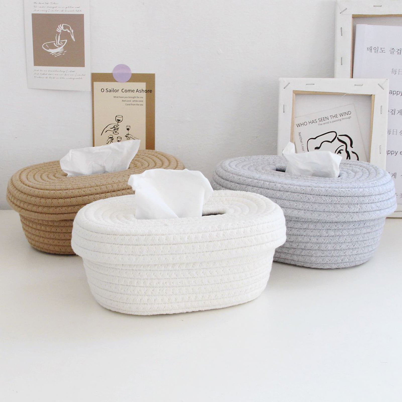 Tissue Box Handmade Stitching Large Capacity Detachable Cotton Rope ...