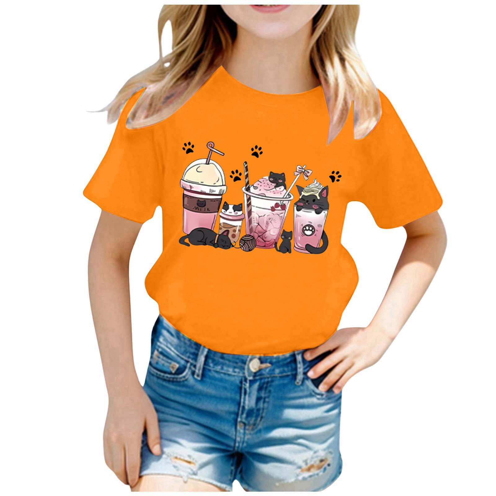 Tisuna Girls Crewneck Tops Child Cartoon Print Short Sleeve Cute Shirts ...