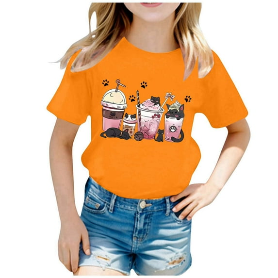 Tisuna Girls Crewneck Tops Child Cartoon Print Short Sleeve Cute Shirts ...