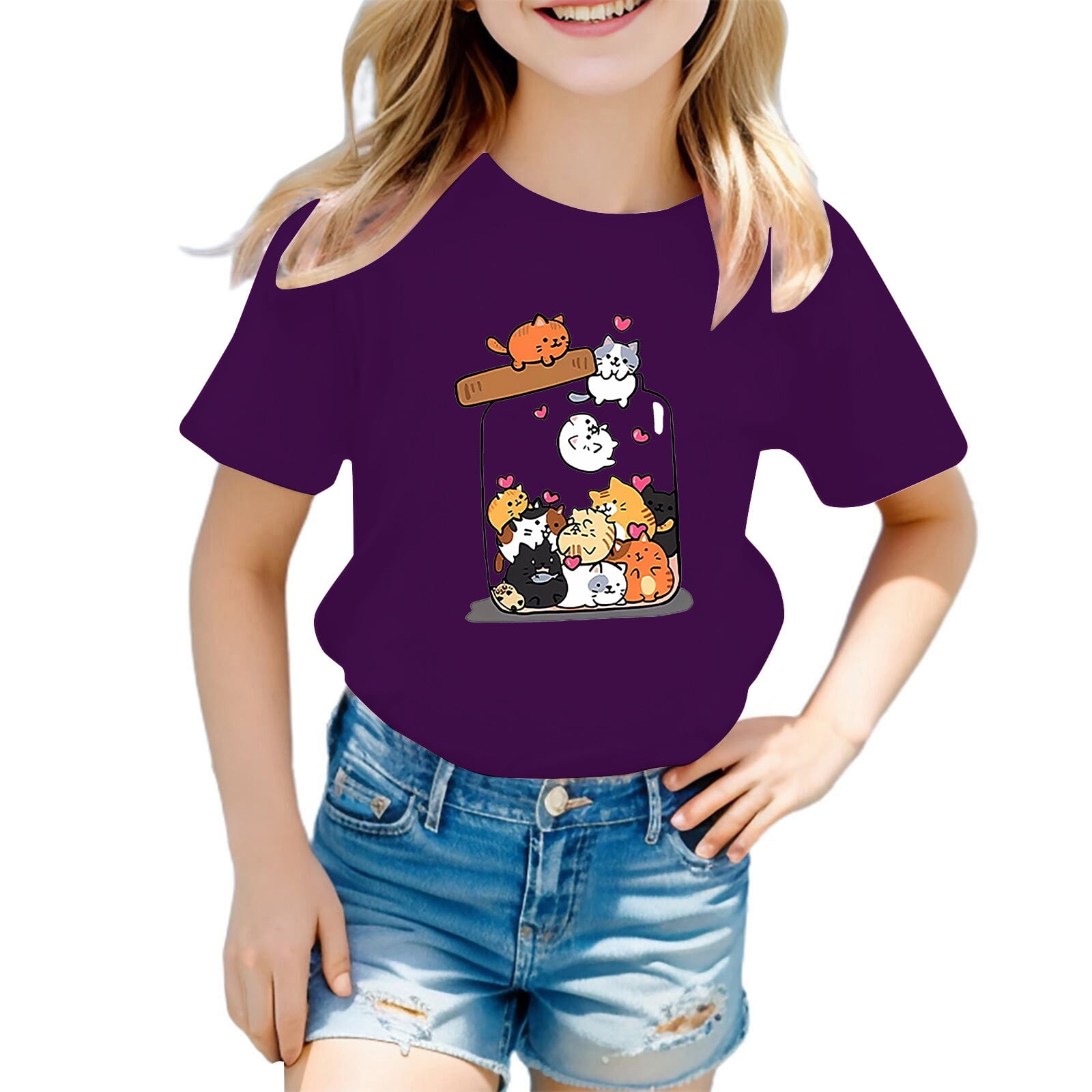 Tisuna Little Girls Tops Cartoon Print Short Sleeve Crew Neck Shirts ...