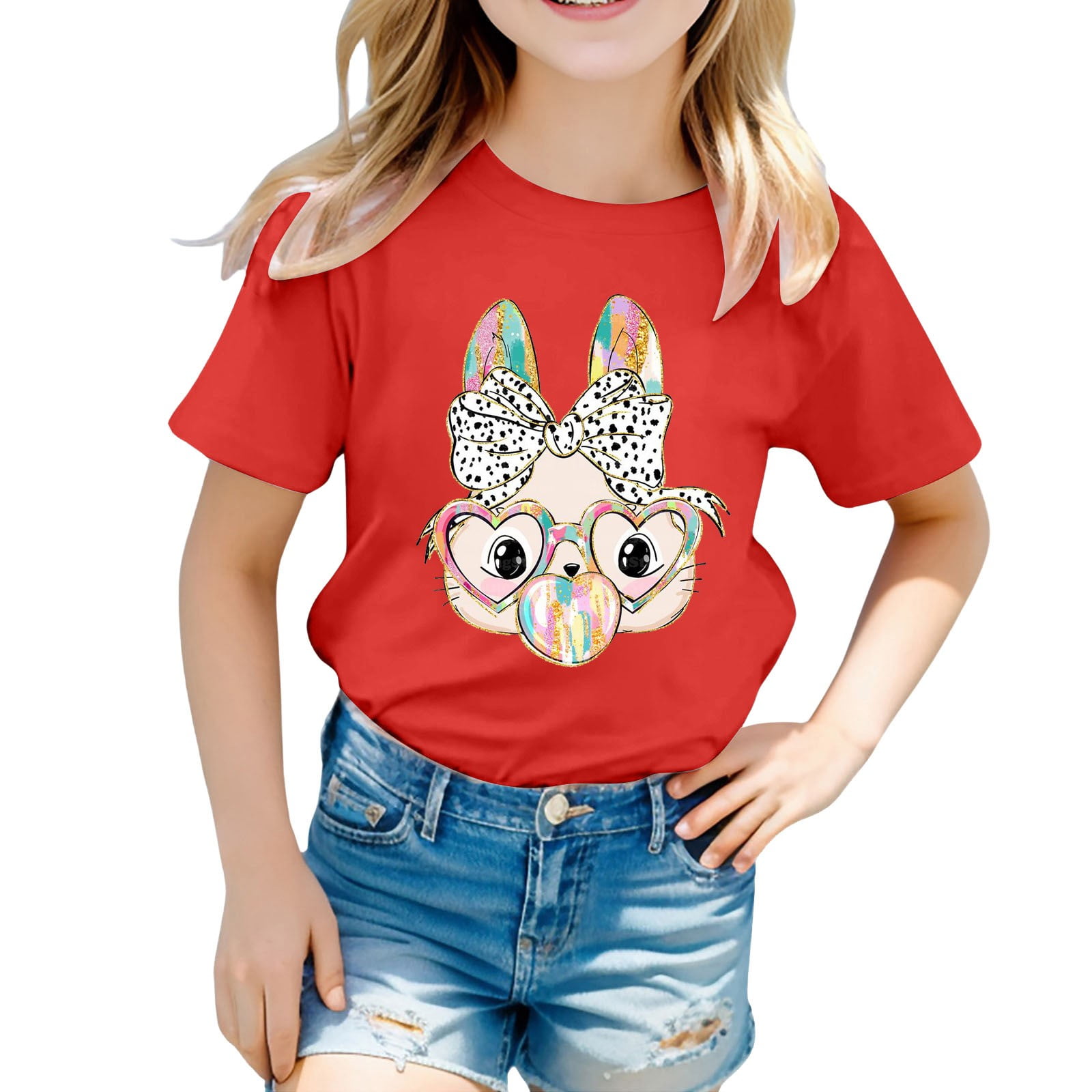 Tisuna Little Girls Tops Rabbit Print Short Sleeve Crew Neck Shirts ...