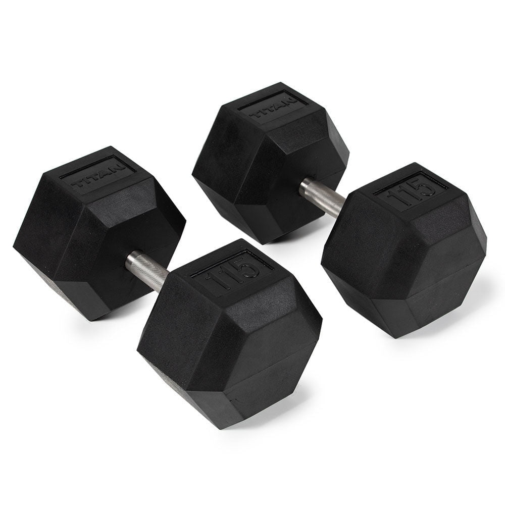 Titan Fitness 115 LB Pair Free Weights, Black Rubber Coated Hex ...