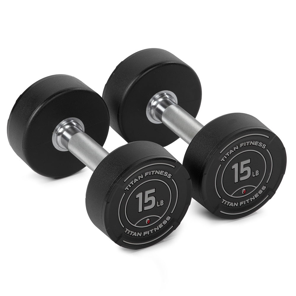 Titan Fitness 15 LB Set Round Urethane Dumbbells, Medium Volcano ...