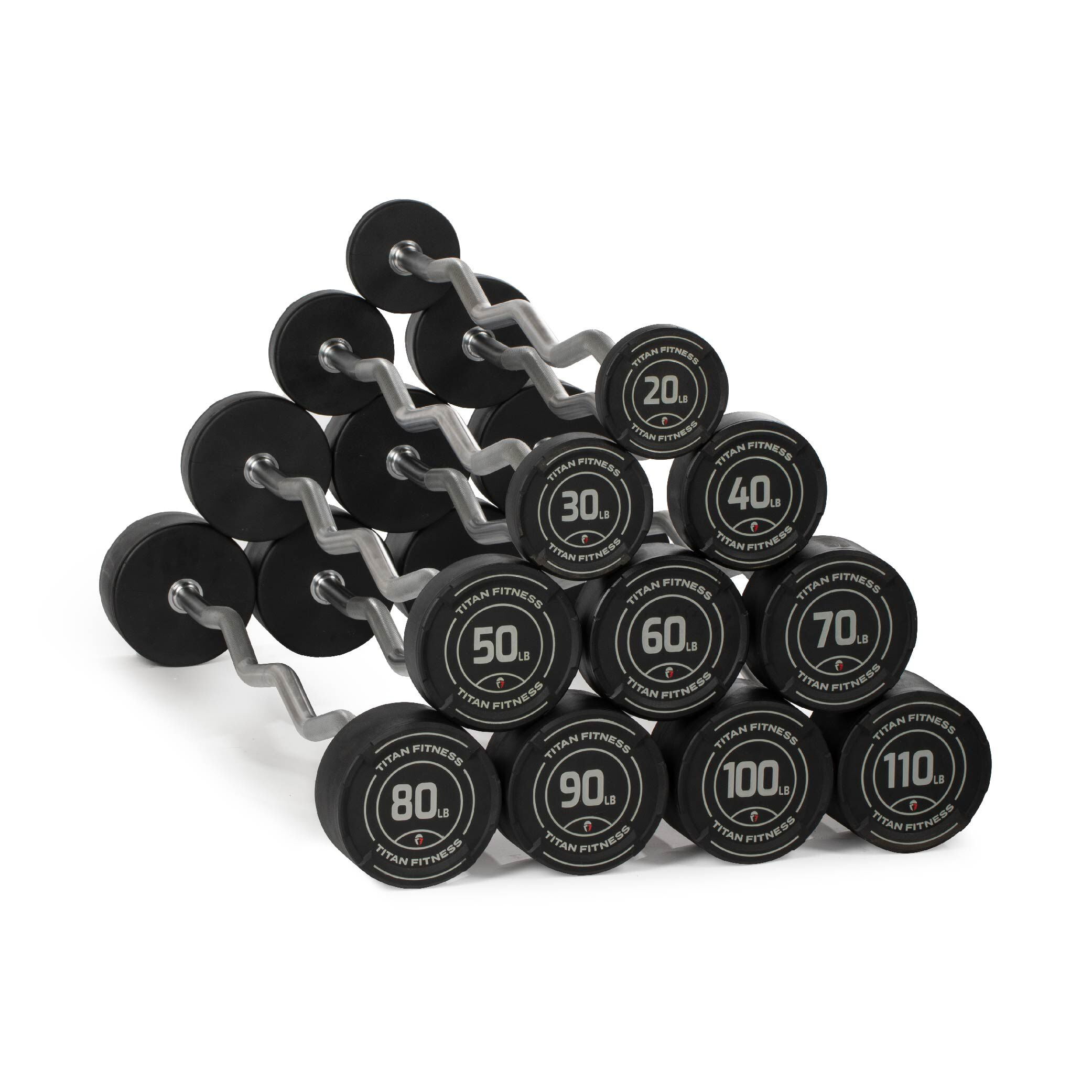 Titan Fitness 20 LB-110 LB Rubber EZ Curl Fixed Barbells, Pre-Loaded ...