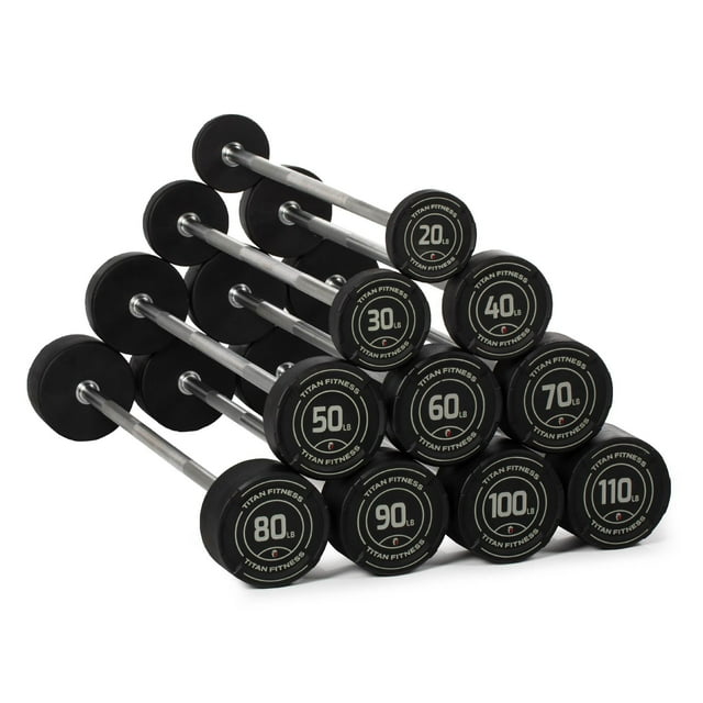 Titan Fitness 20 LB-110 LB Rubber Straight Fixed Barbells, Pre-Loaded ...
