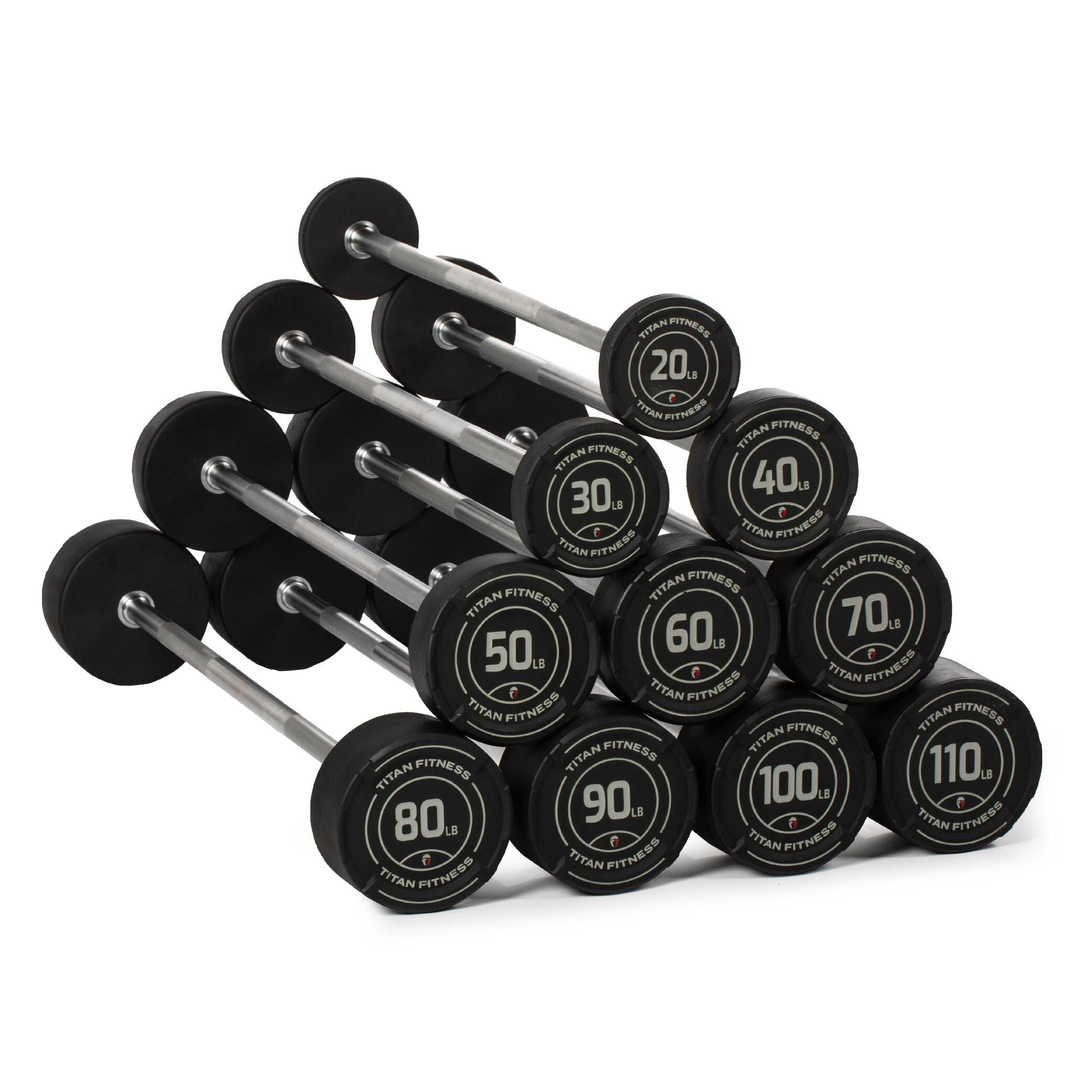 Titan Fitness 20 LB-110 LB Rubber Straight Fixed Barbells, Pre-Loaded ...