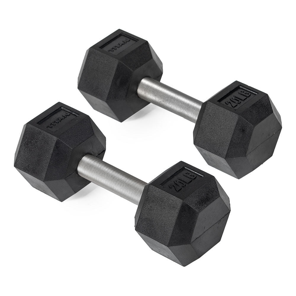 Titan Fitness 20 LB Pair Free Weights, Black Rubber Coated Hex Dumbbell ...