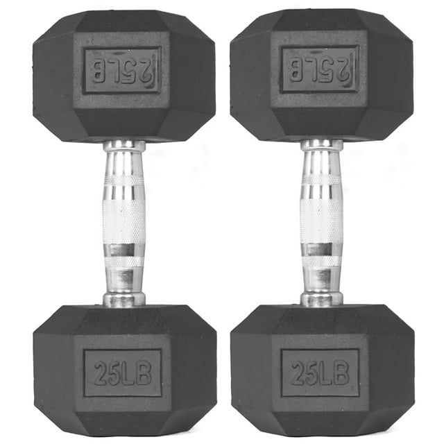 Titan Fitness 25 LB Pair Free Weights, Black Rubber Coated Hex Dumbbell ...