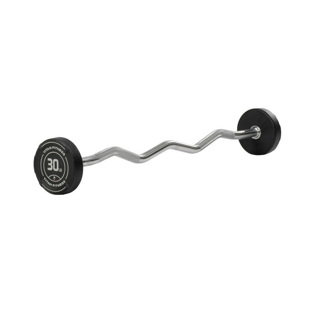 Titan Fitness 30 LB Rubber EZ Curl Fixed Barbell, Pre-Loaded Weight Bar ...