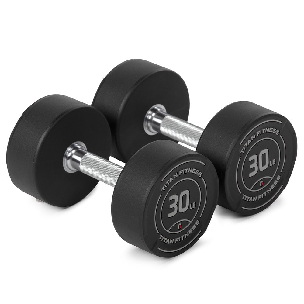 Titan Fitness 30 LB Set Round Urethane Dumbbells, Medium Volcano ...