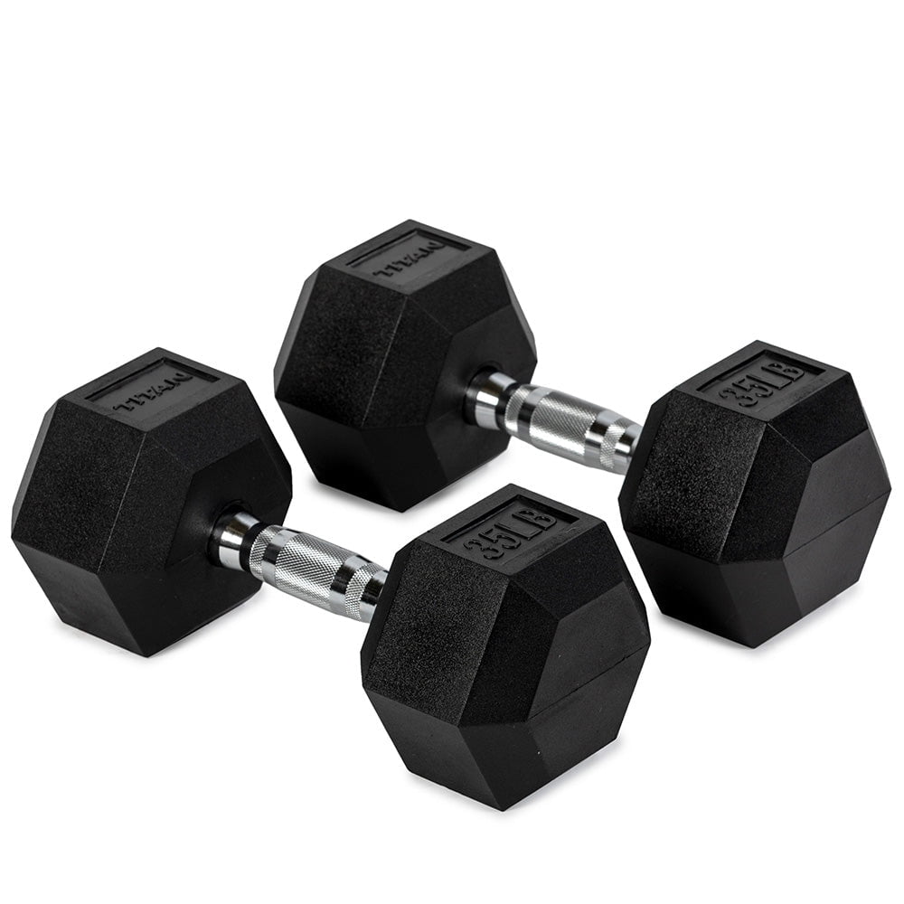 Titan Fitness 35 LB Pair Free Weights, Black Rubber Coated Hex Dumbbell ...