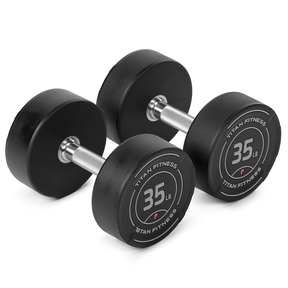 Titan Fitness 35 LB Set Round Urethane Dumbbells, Medium Volcano ...