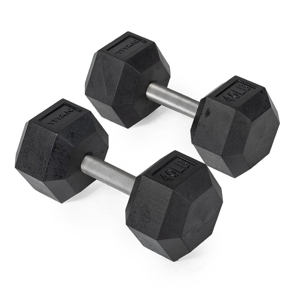 Titan Fitness 40 LB Pair Free Weights, Black Rubber Coated Hex Dumbbell ...