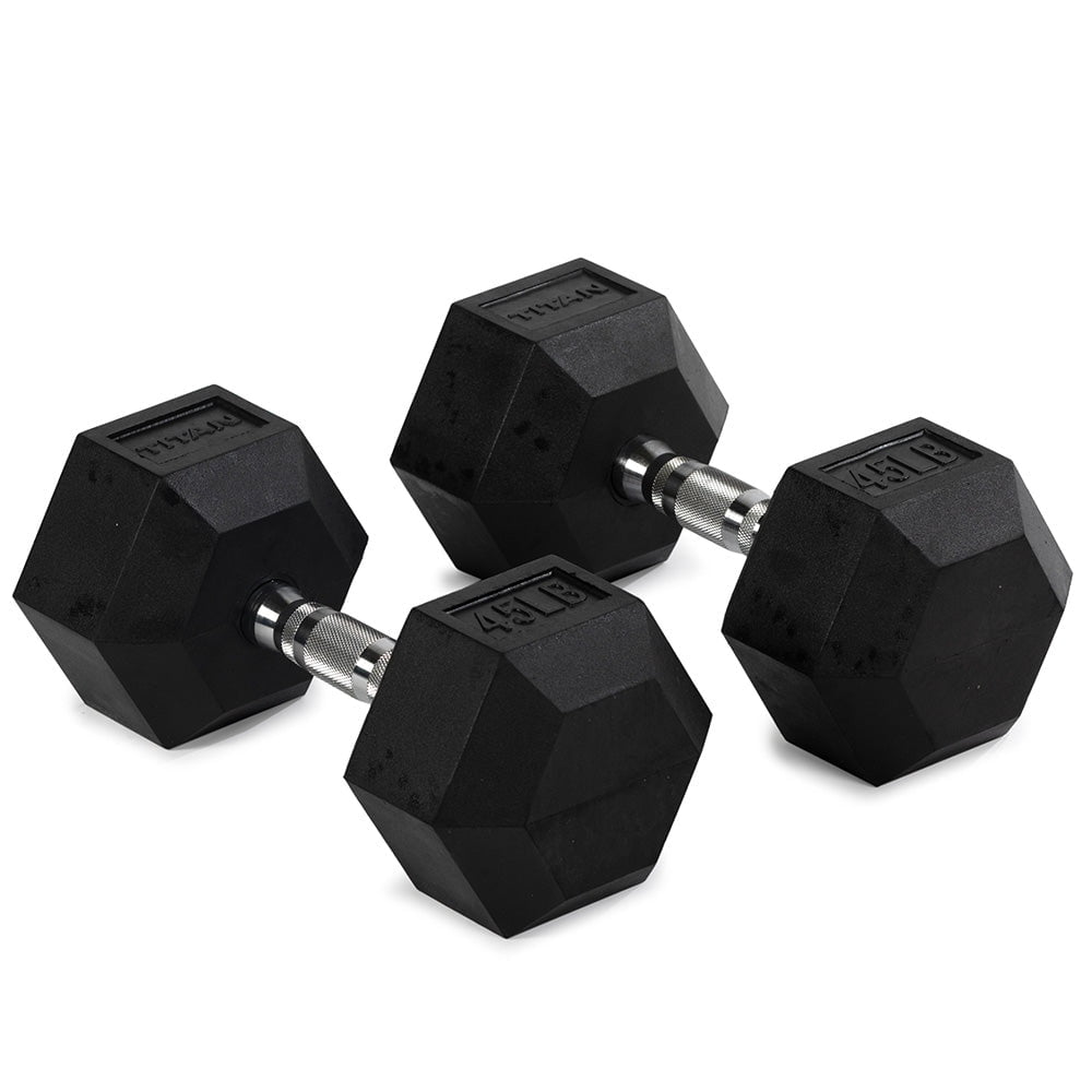 Titan Fitness 45 LB Pair Free Weights, Black Rubber Coated Hex Dumbbell ...